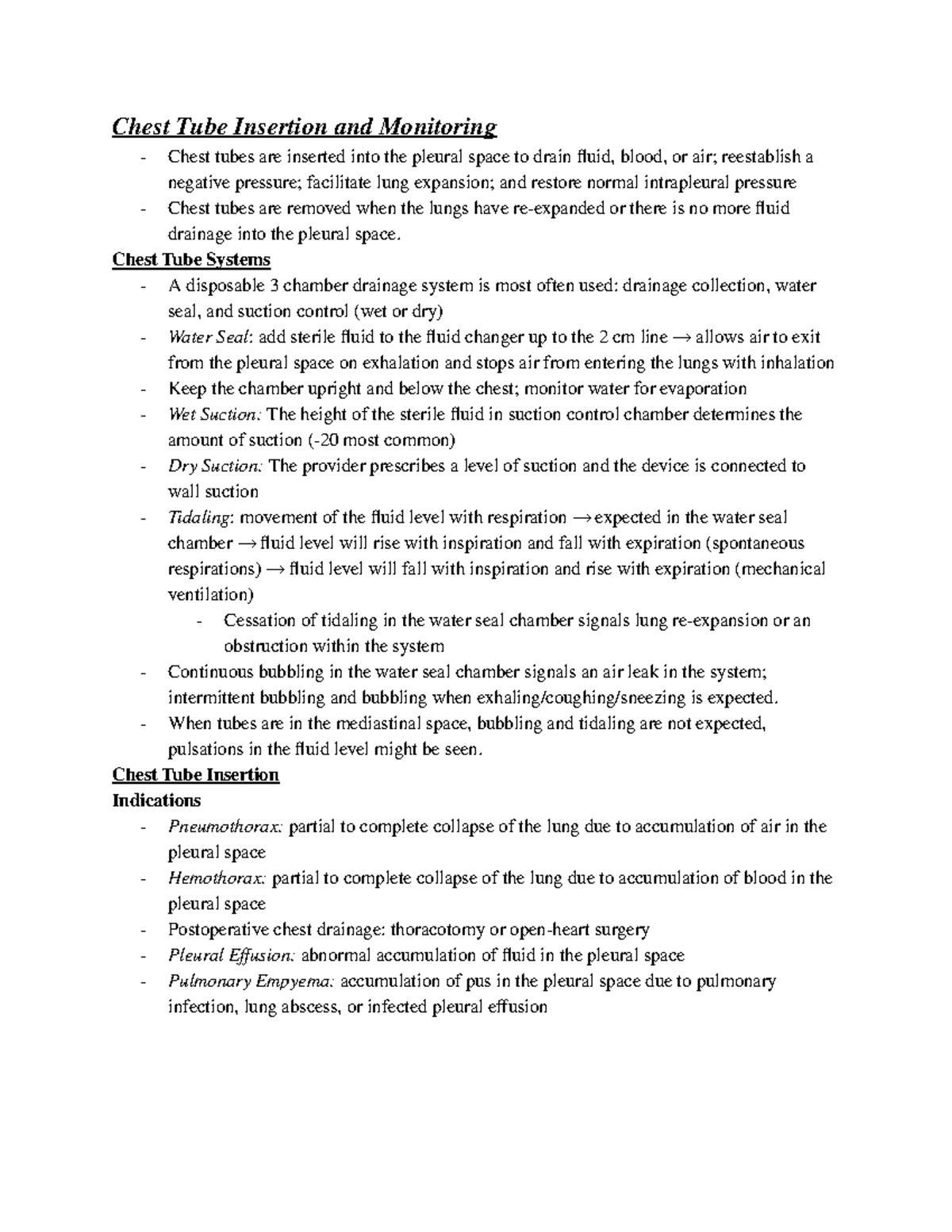 Chest Tube Insertion and Monitoring Notes - Chest Tube Insertion and ...