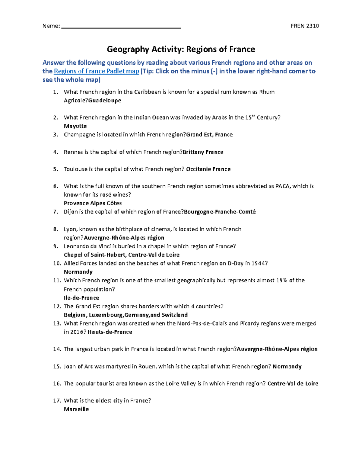 Geography+Activity+-+Regions+of+France - Name: FREN 2310 Geography ...