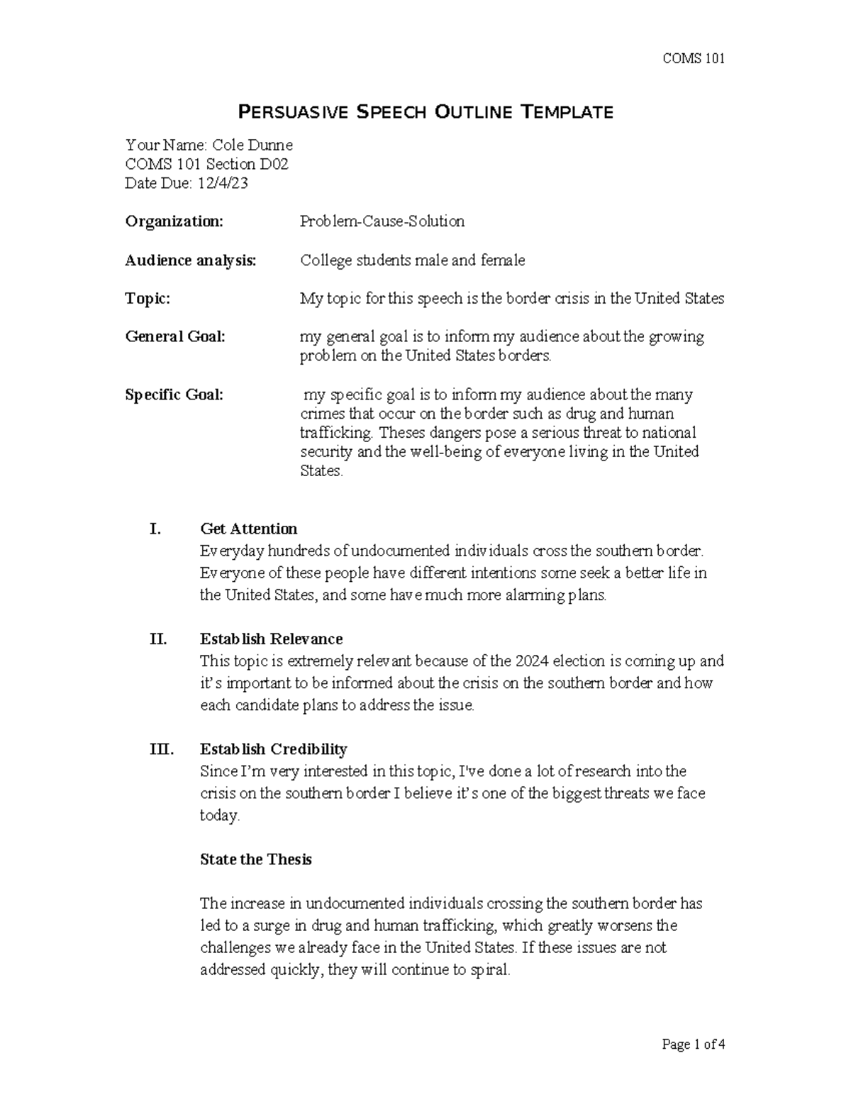 Persuasive Speech Outline 1 - PERSUASIVE SPEECH OUTLINE TEMPLATE Your ...