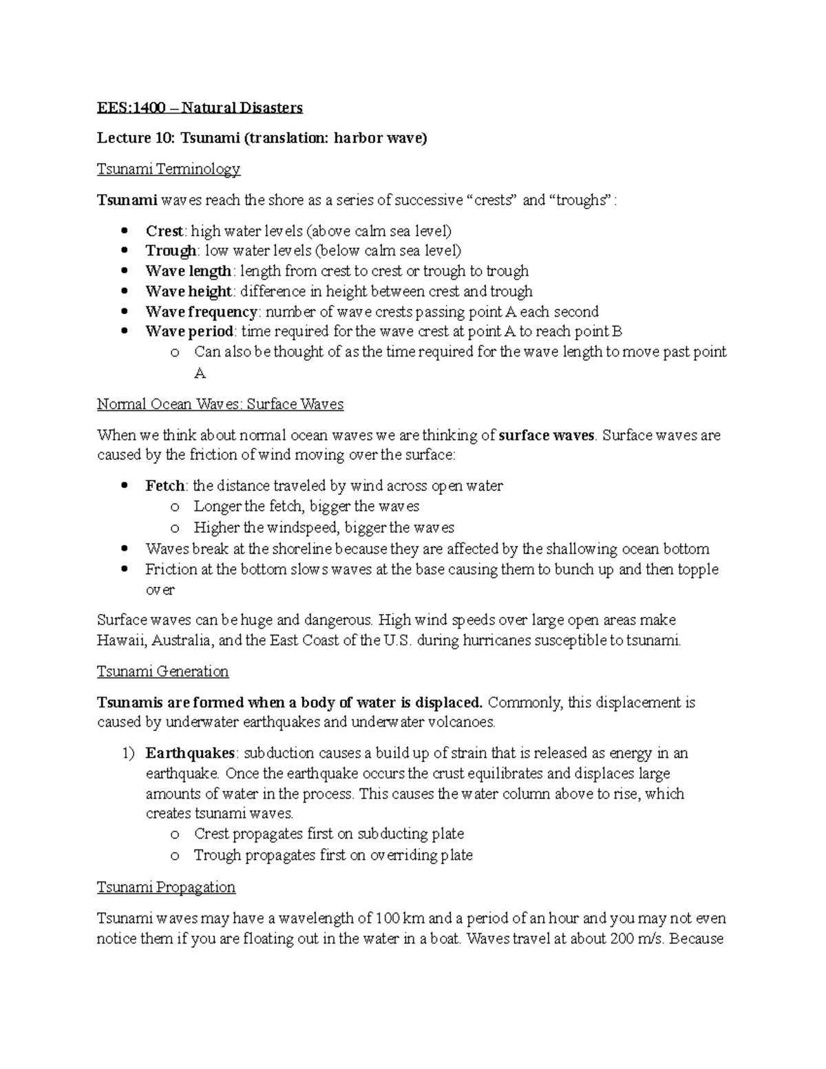 Lecture 10 Tsunamis Notes - EES:1400 – Natural Disasters Lecture 10 ...