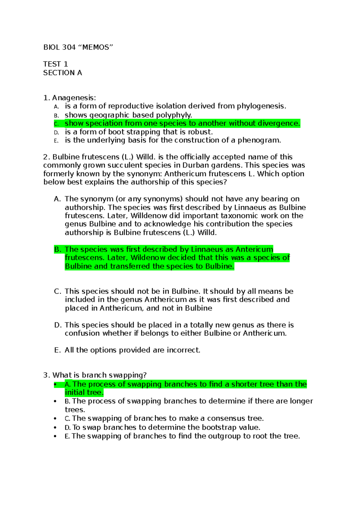 BIOL 304 T1 and T2 MEMO - Memos - BIOL 304 “MEMOS” TEST 1 SECTION A ...