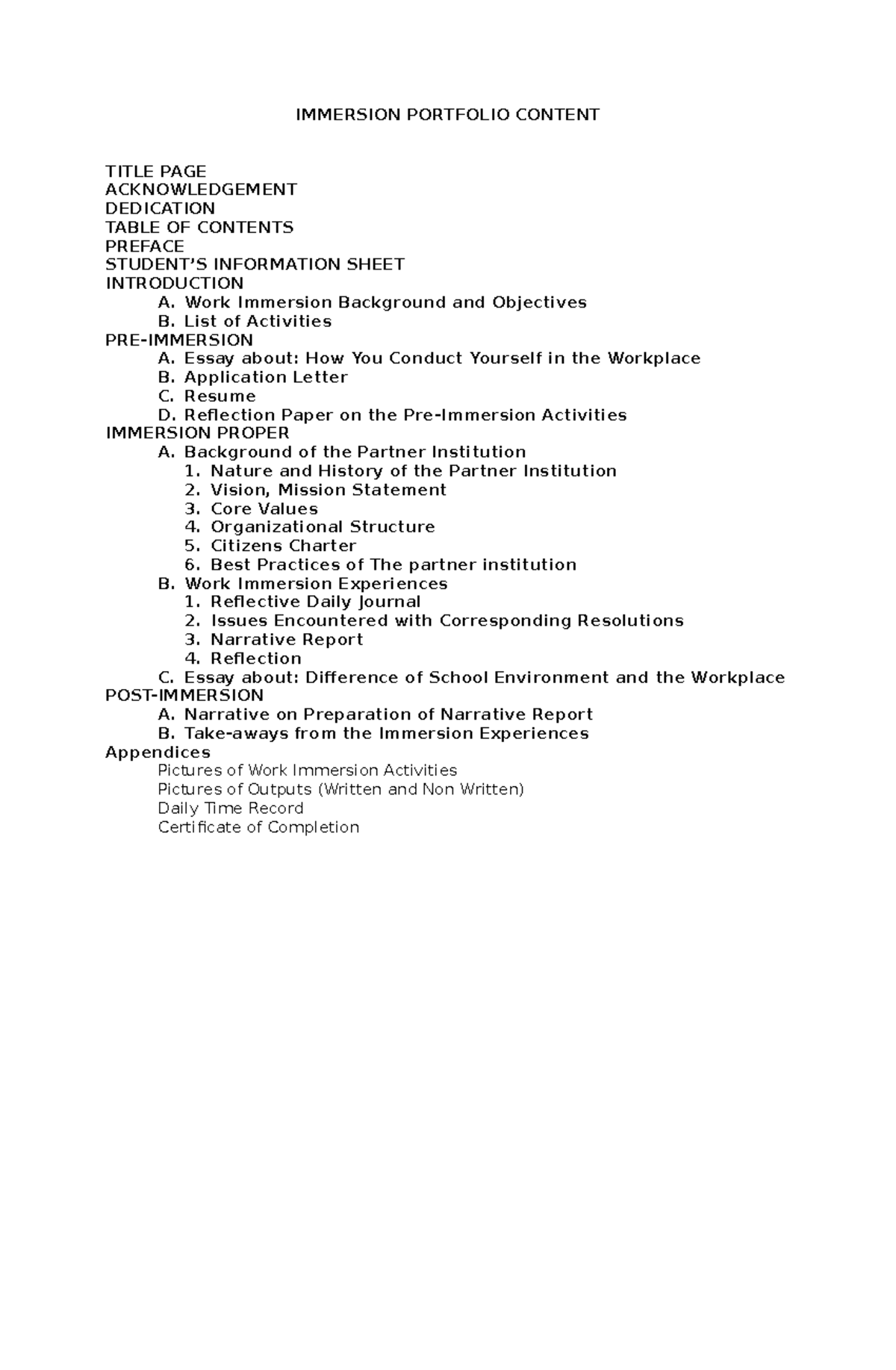 WORK Immersion Portfolio - IMMERSION PORTFOLIO CONTENT TITLE PAGE ...