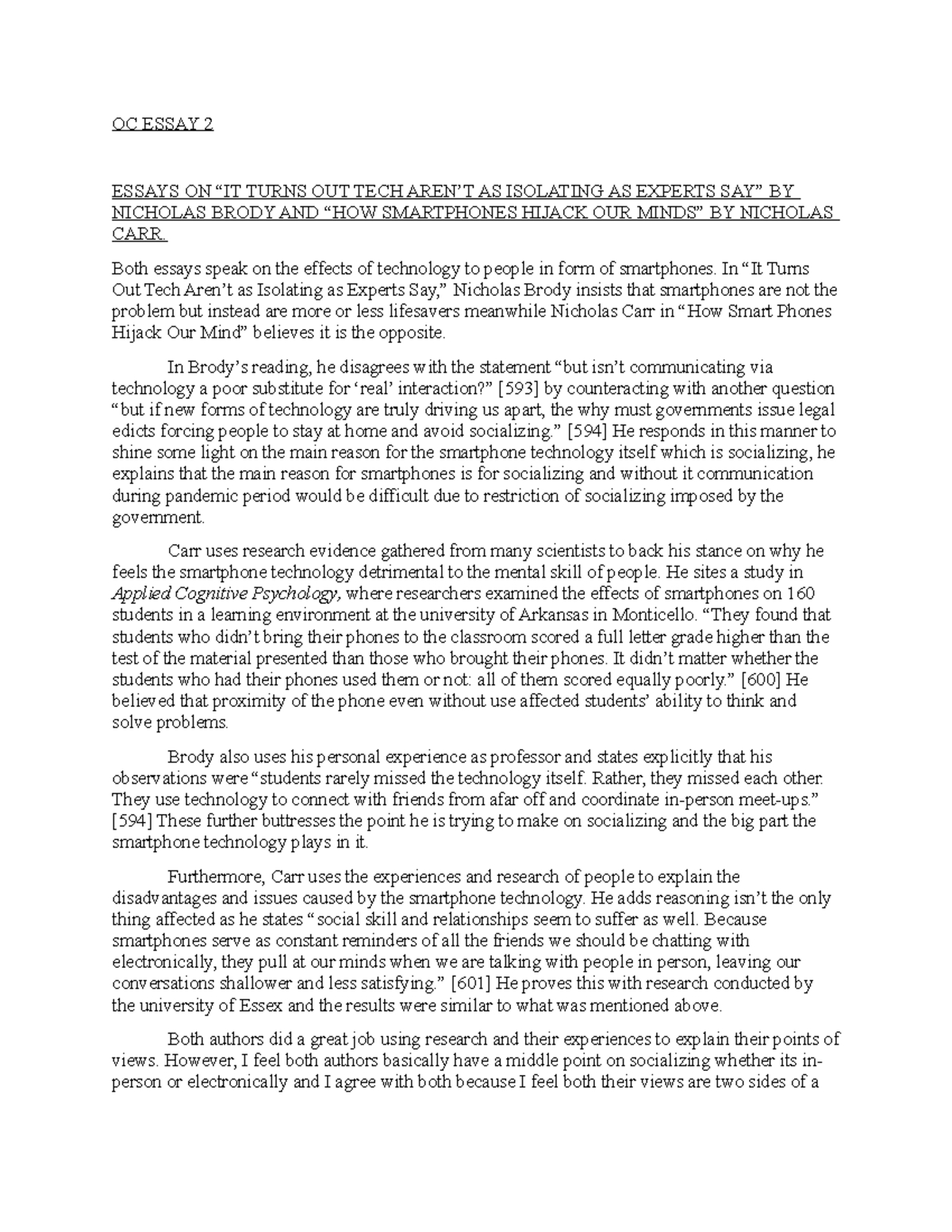 out of class essay 2 remastered - OC ESSAY 2 ESSAYS ON “IT TURNS OUT ...