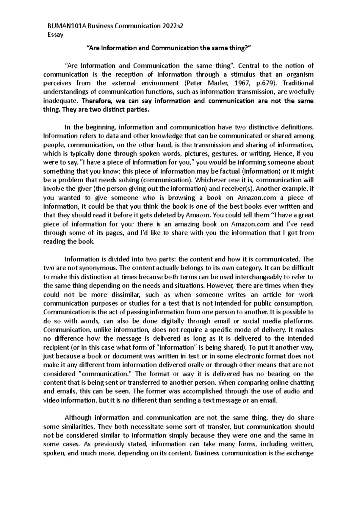 Business Communication - Essay “Are Information and Communication the ...