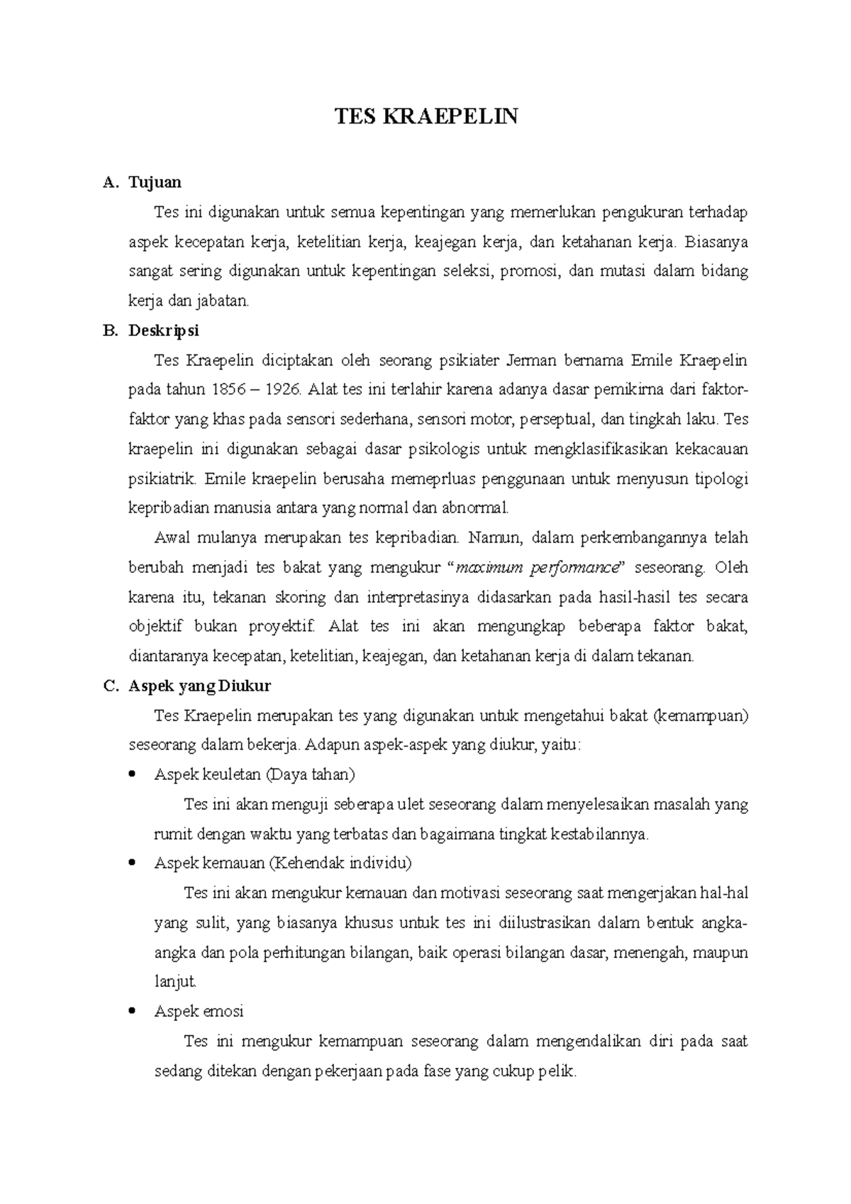 Rangkuman Tes Kraepelin - TES KRAEPELIN A. Tujuan Tes ini digunakan ...