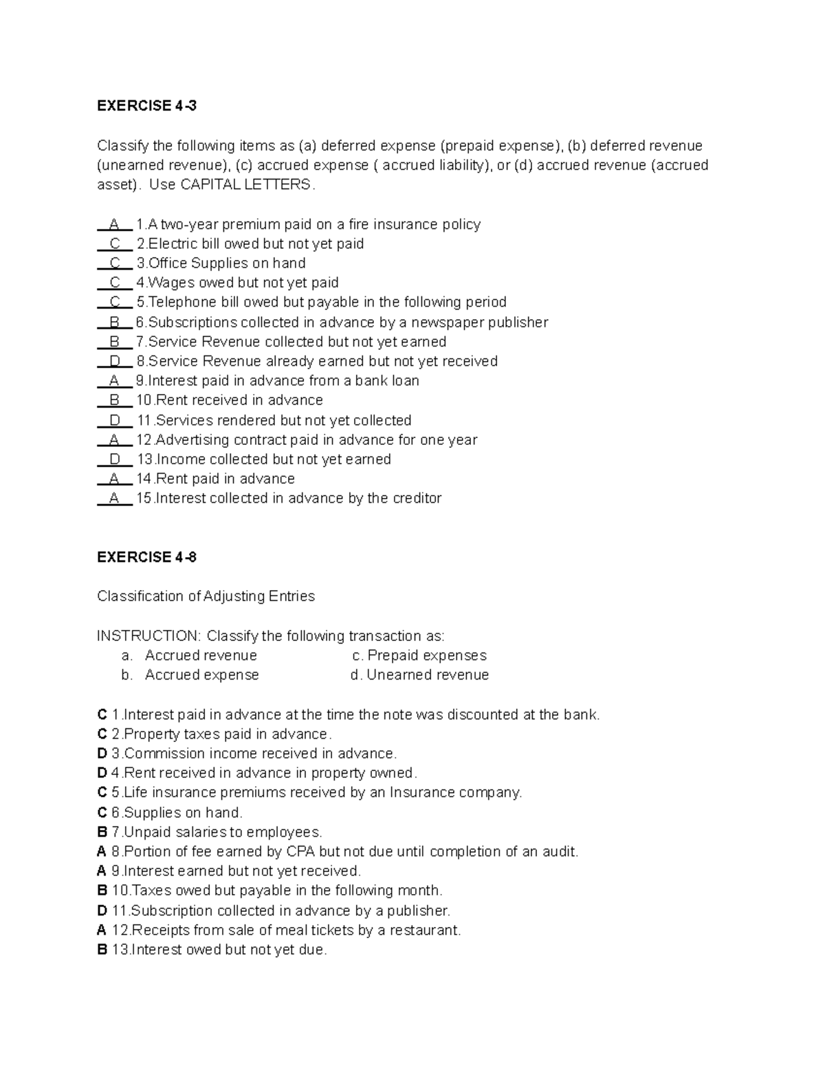 Module 4-Basic Accounting - EXERCISE 4- Classify the following items as ...