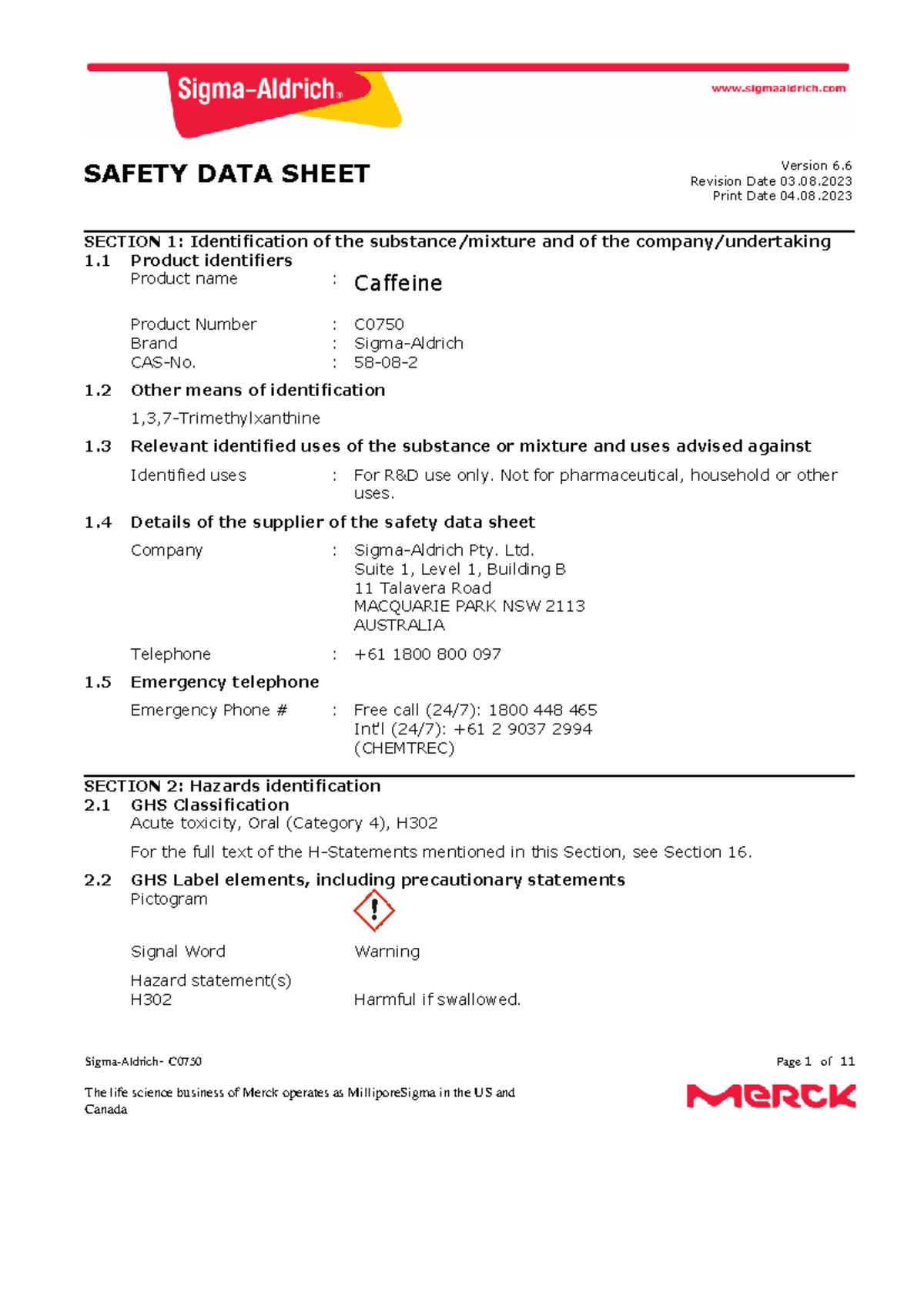 SDS - Caffeine - Sigma-Aldrich- C0750 Page 1 of 11 The life science ...