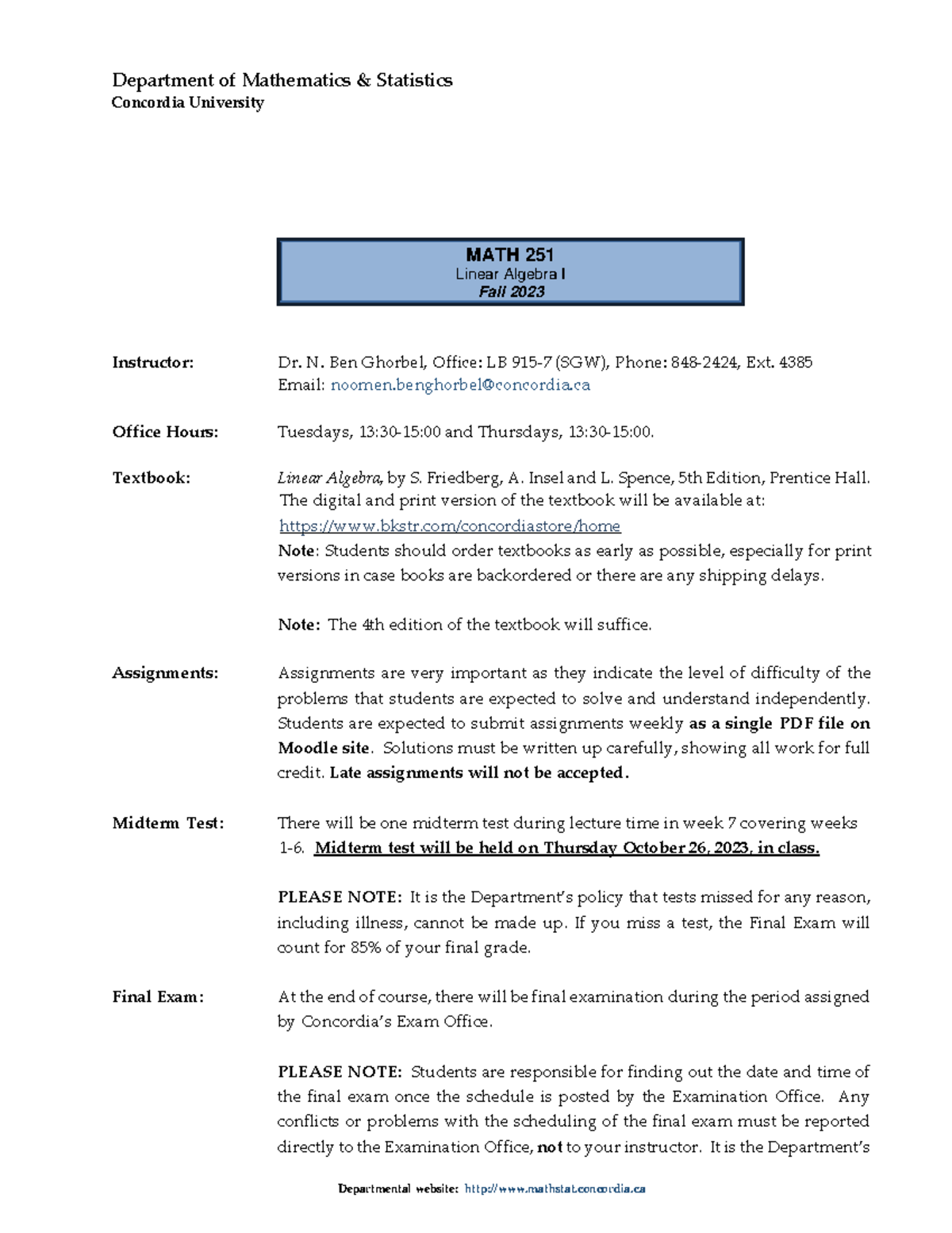 MATH 251 - course outline - Departmental website: mathstat.concordia Department of Mathematics ...