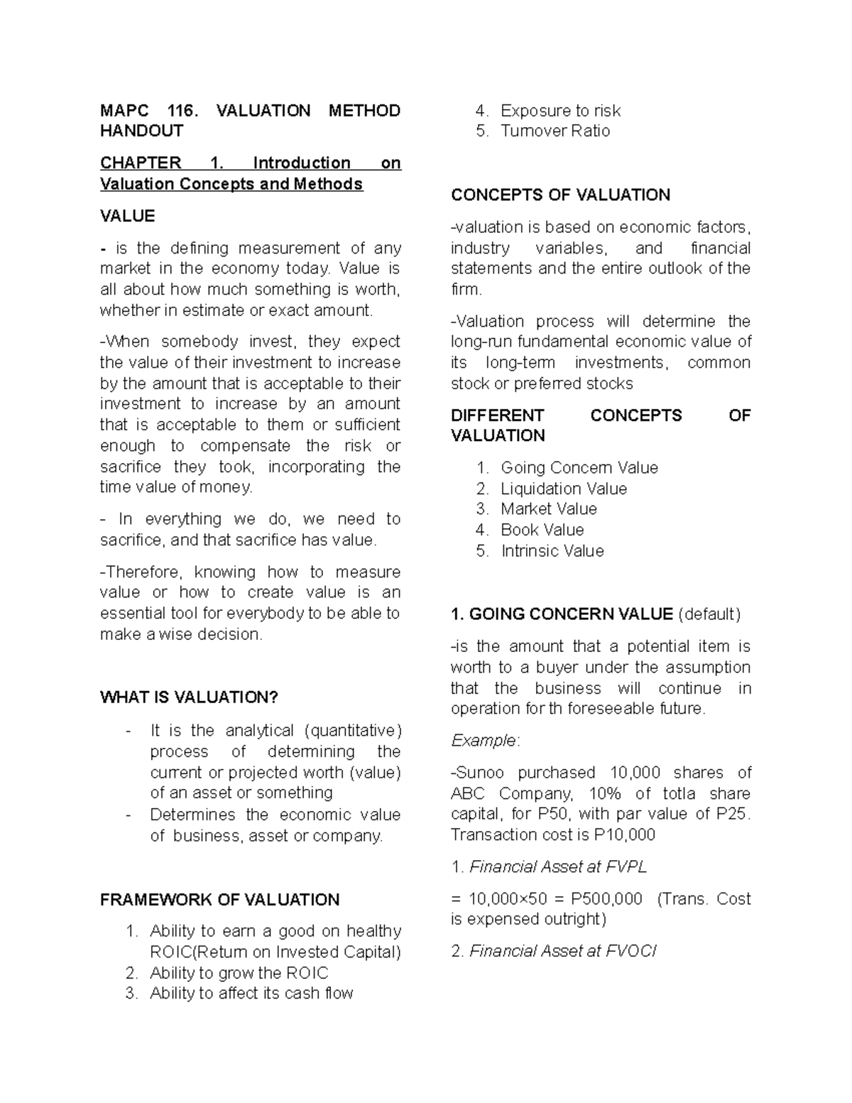 MAPC116 Handout Chapter 1 only - MAPC 116. VALUATION METHOD HANDOUT ...