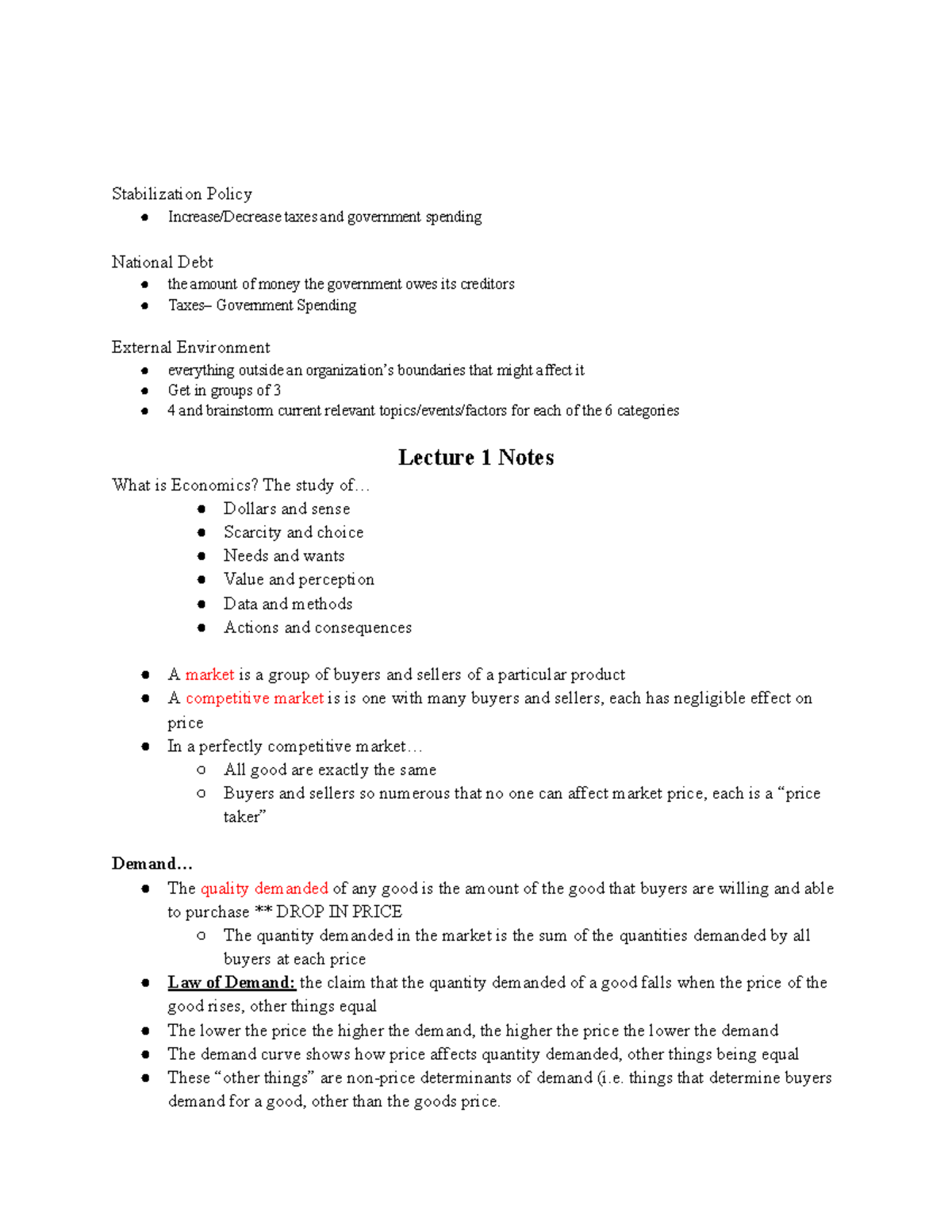 Eco 254 Notes - 5-10 - Stabilization Policy Increase/Decrease taxes and ...