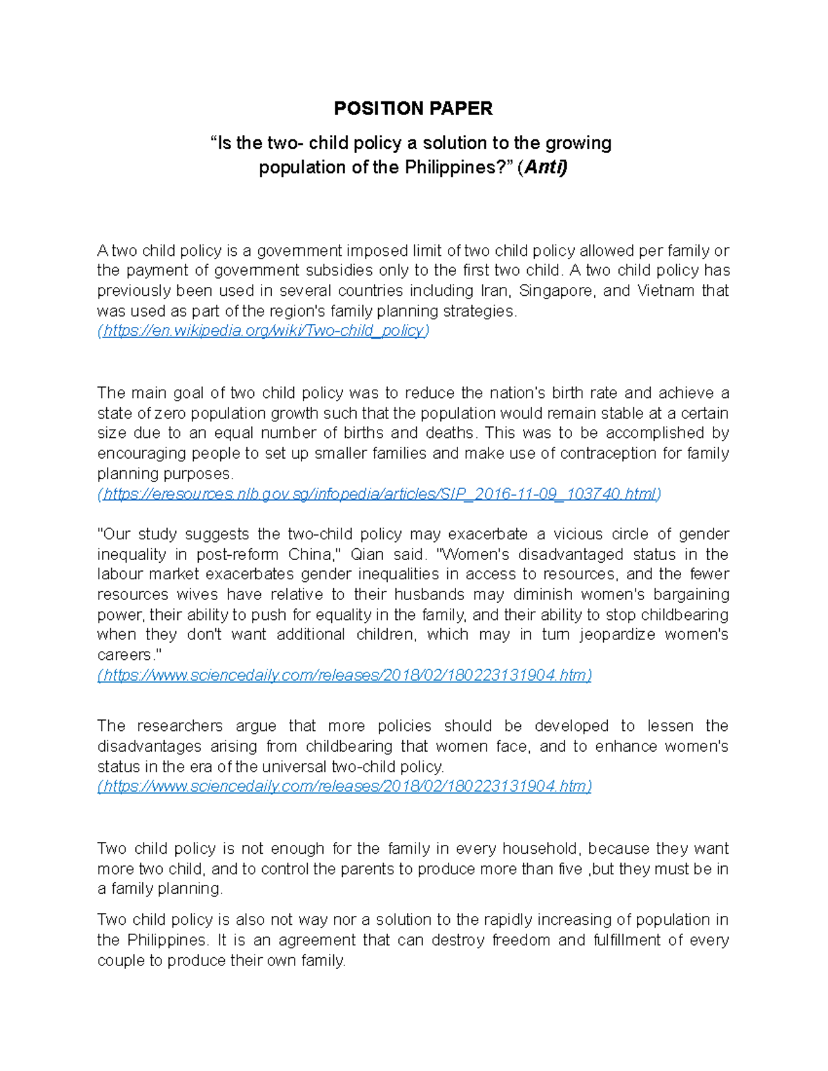Position Paper Is The Two Child Policy A Solution To The Growing 