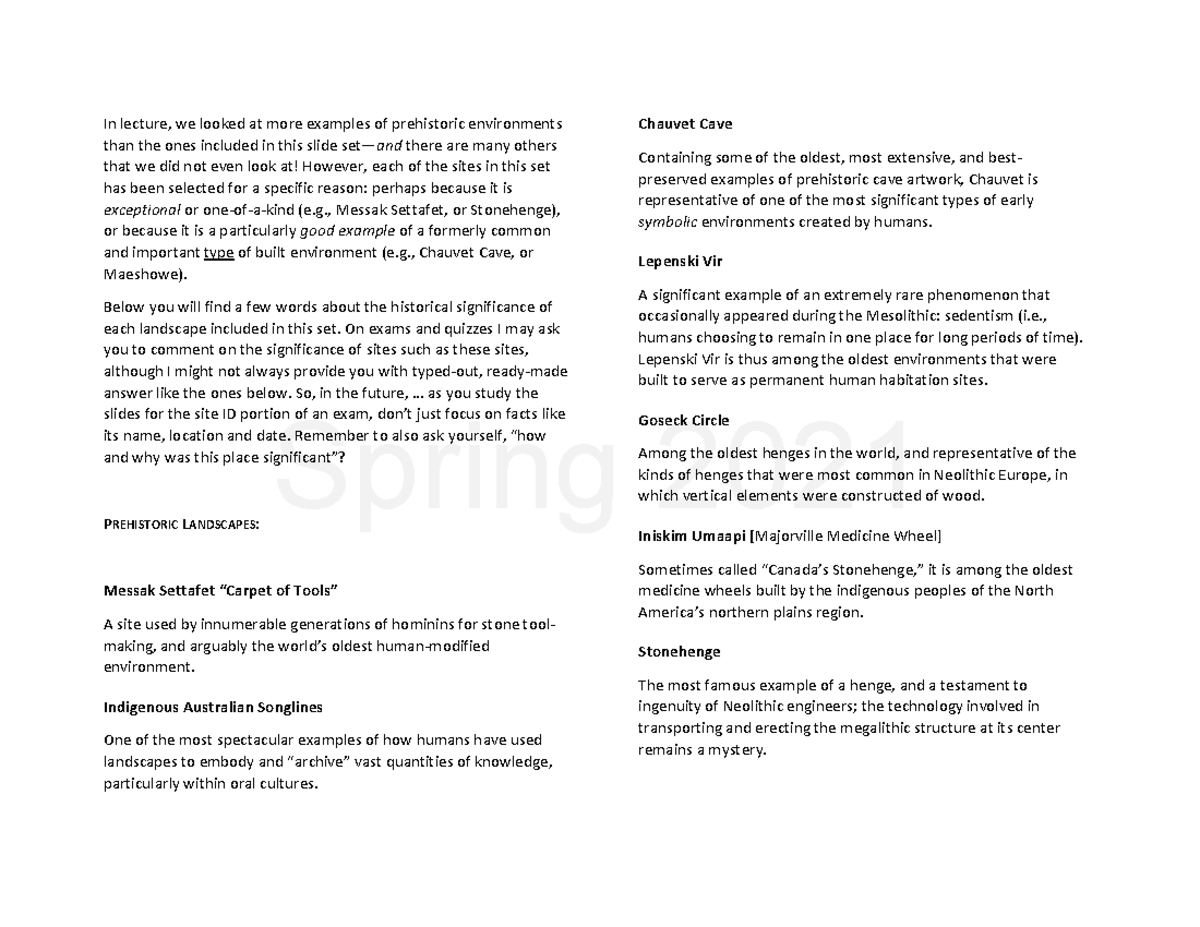 Sutdy guide for the prehistory - Spring 2021 In than lecture, the ones ...