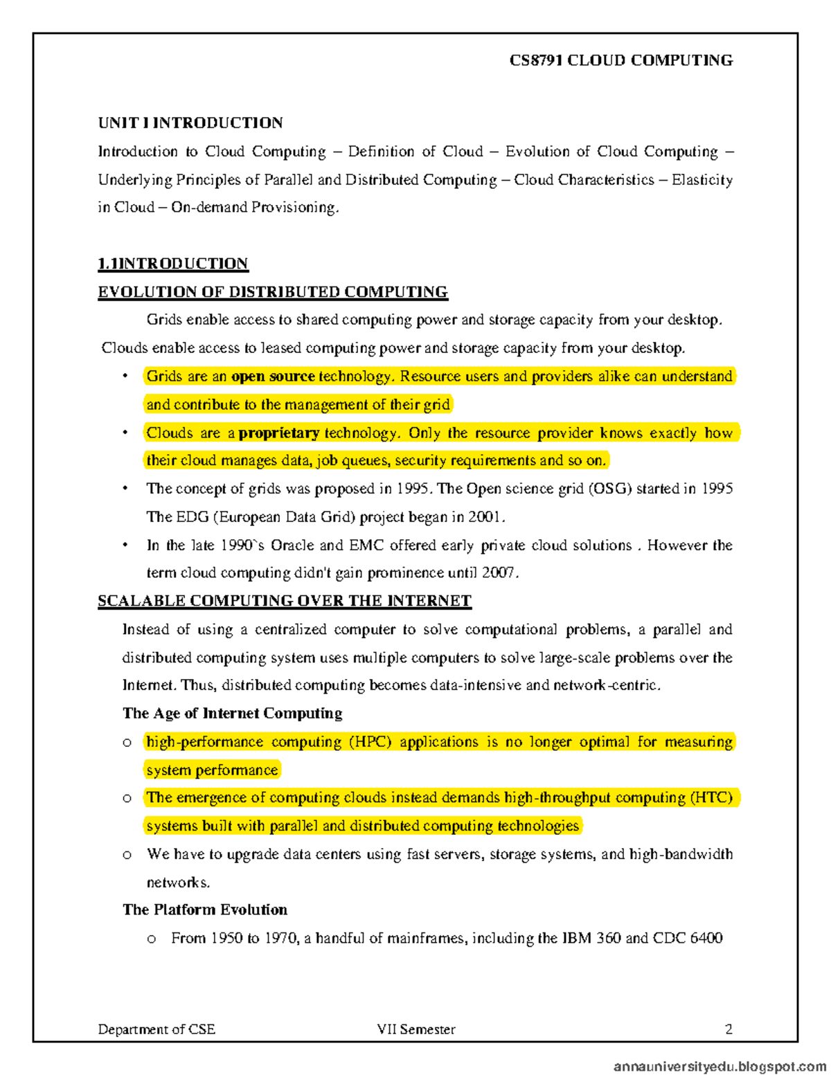 UNIT I -Cloud Computing - Department of CSE VII Semester 2 UNIT I INTRODUCTION Introduction to ...