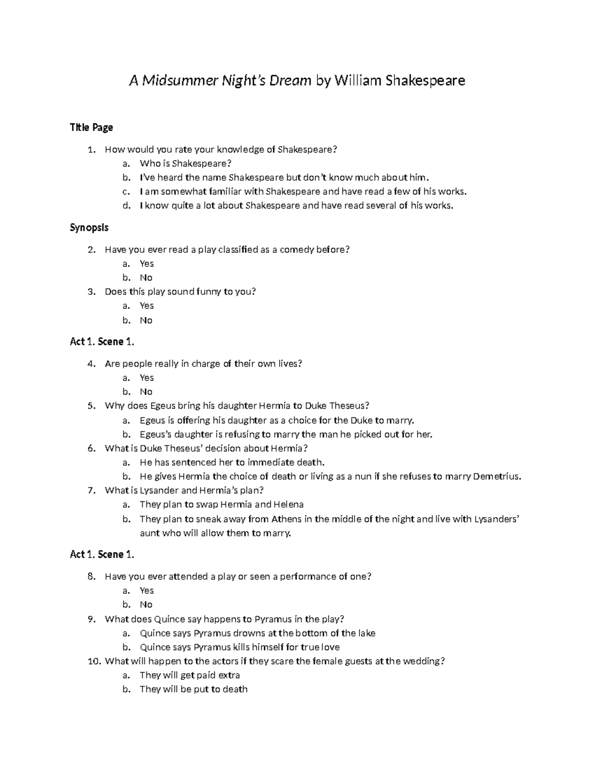 A Midsummer Night Dream Act 1 Questions - A Midsummer Night’s Dream by ...