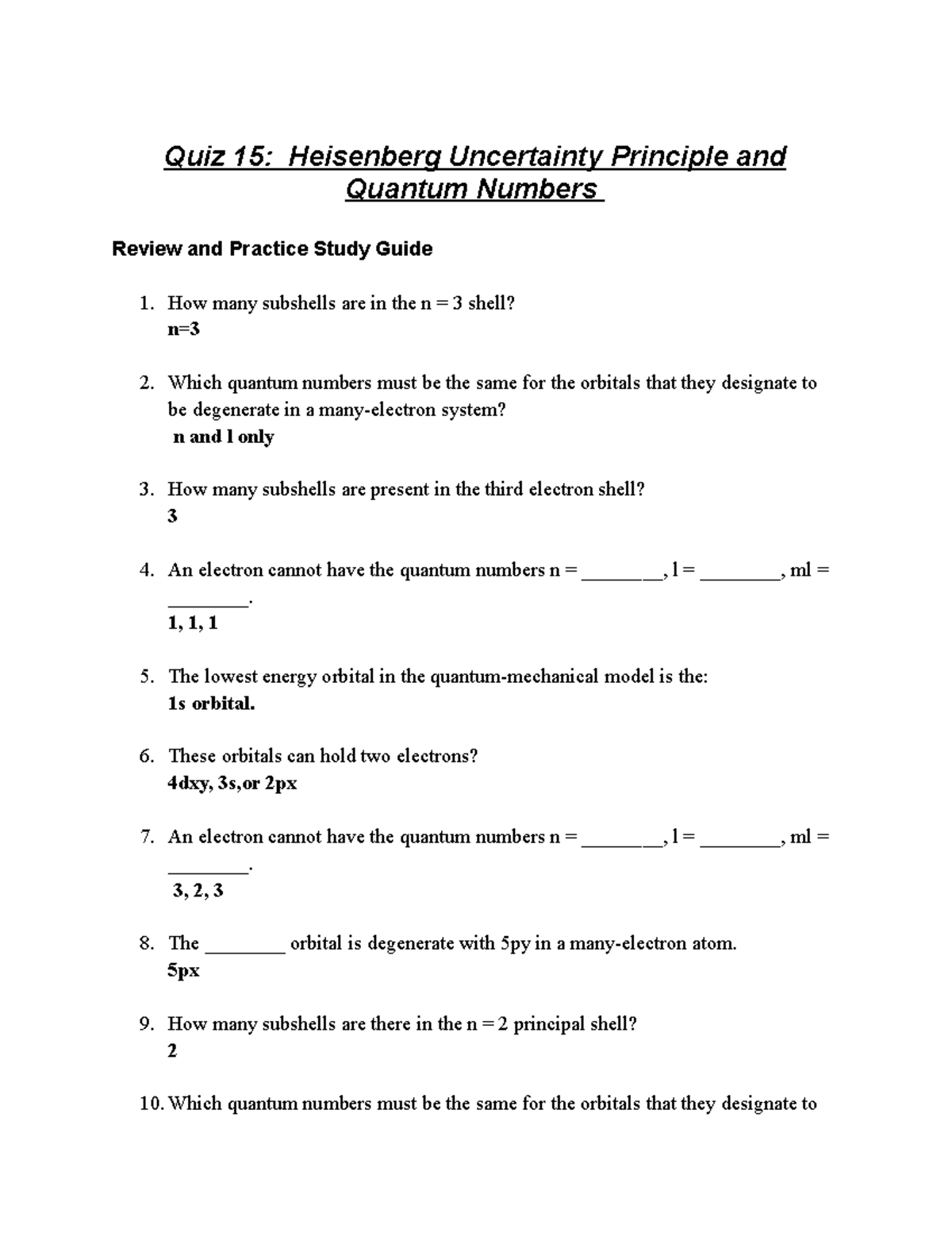 Quiz 15- Heisenberg Uncertainty Principle and Quantum Numbers - Quiz 15 ...