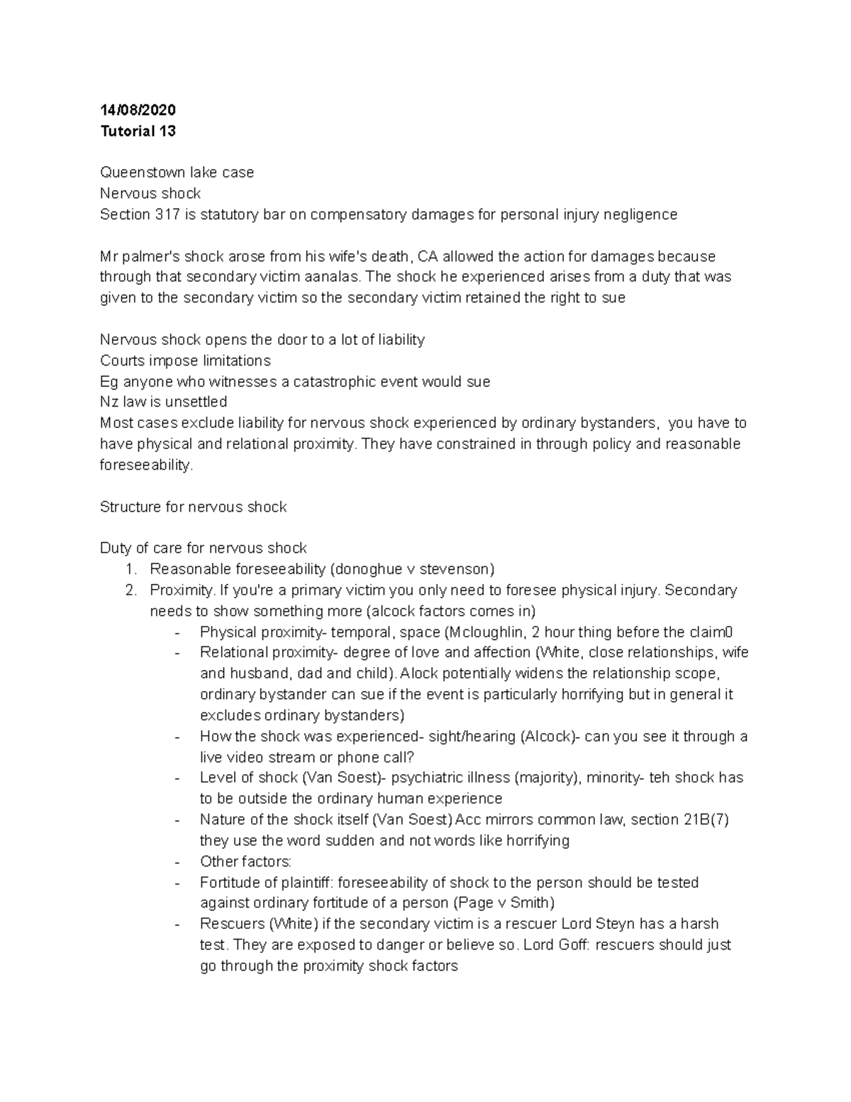 LAWS212-Tutorial 13 - nervous shock - 14/08/ Tutorial 13 Queenstown ...