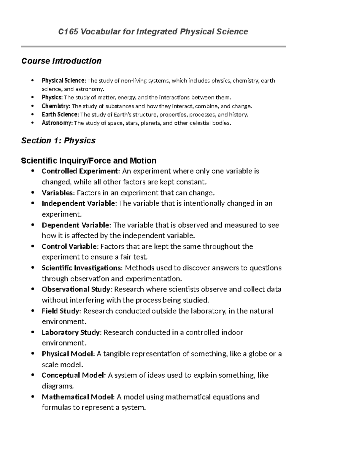 Science Vocab - C165 Vocabular for Integrated Physical Science Course ...