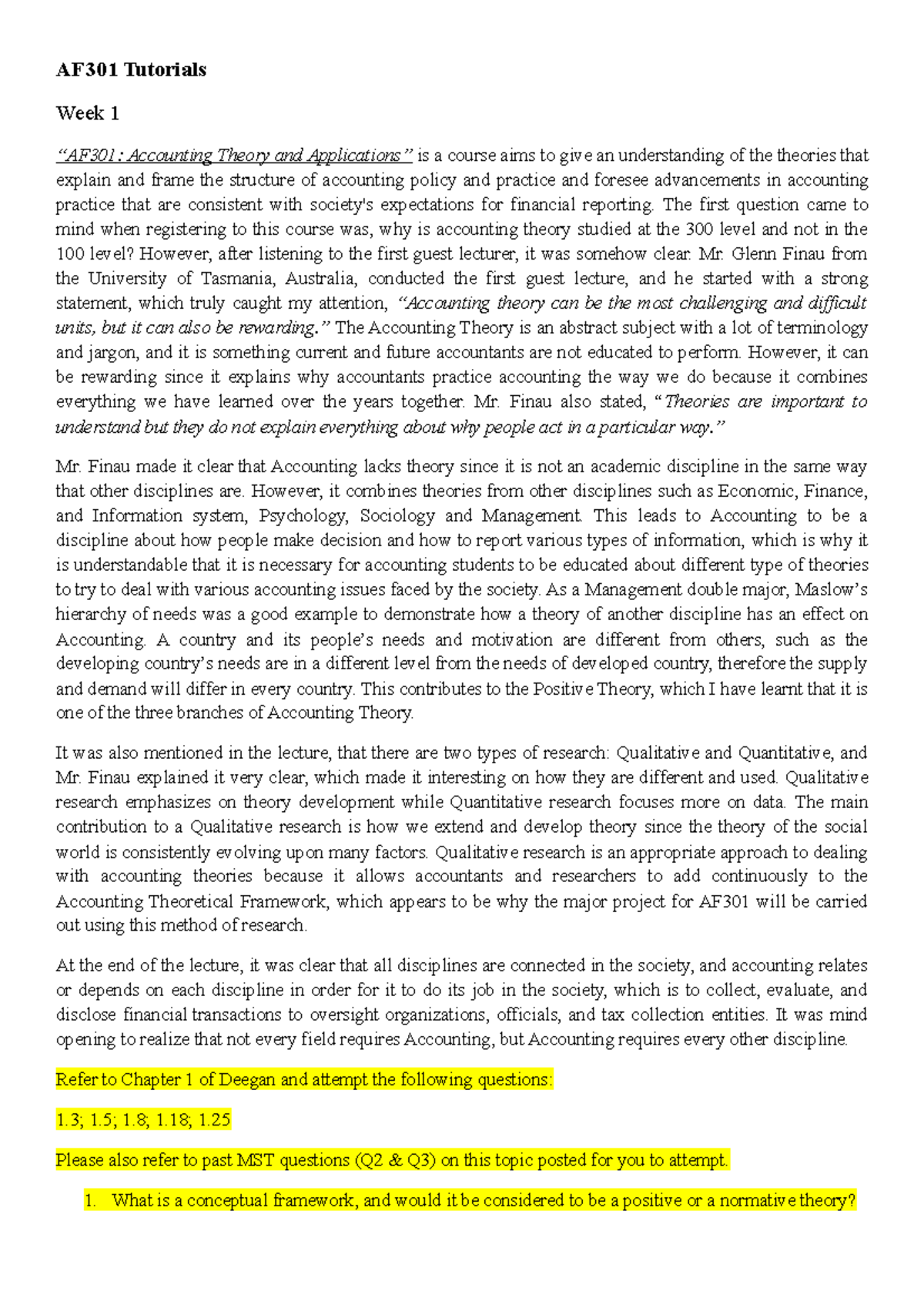 AF301 Tutorials - AF301 Tutorials Week 1 “AF301: Accounting Theory and ...