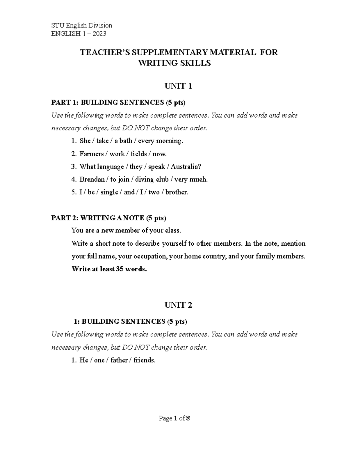 Teacher's supplementary material - Writing - ENGLISH 1 – 2023 TEACHER’S ...