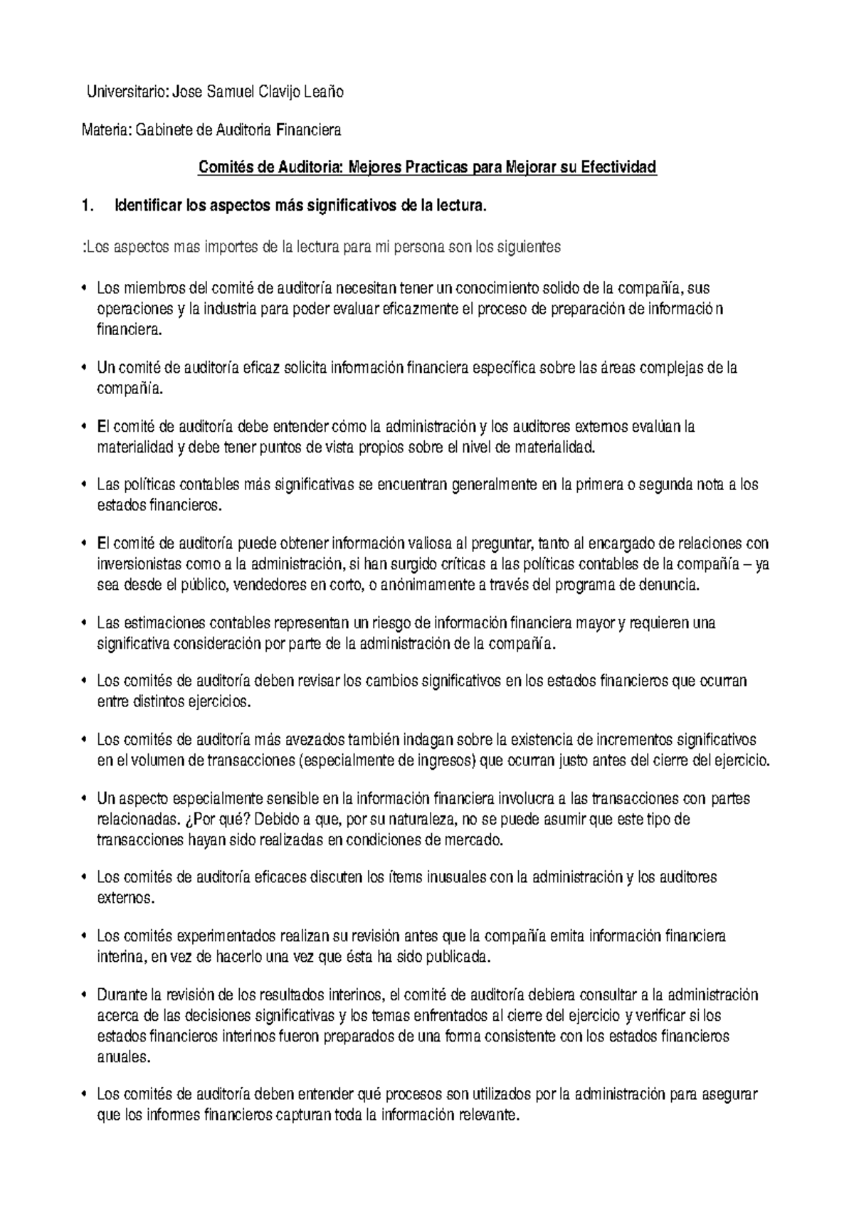 Comites de Auditoria - Universitario: Jose Samuel Clavijo Leaño Materia ...