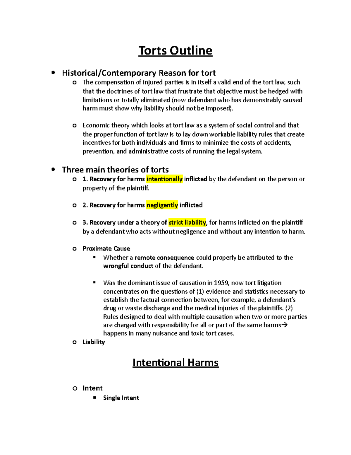 Torts Outline - Torts Outline Historical/Contemporary Reason for tort o ...