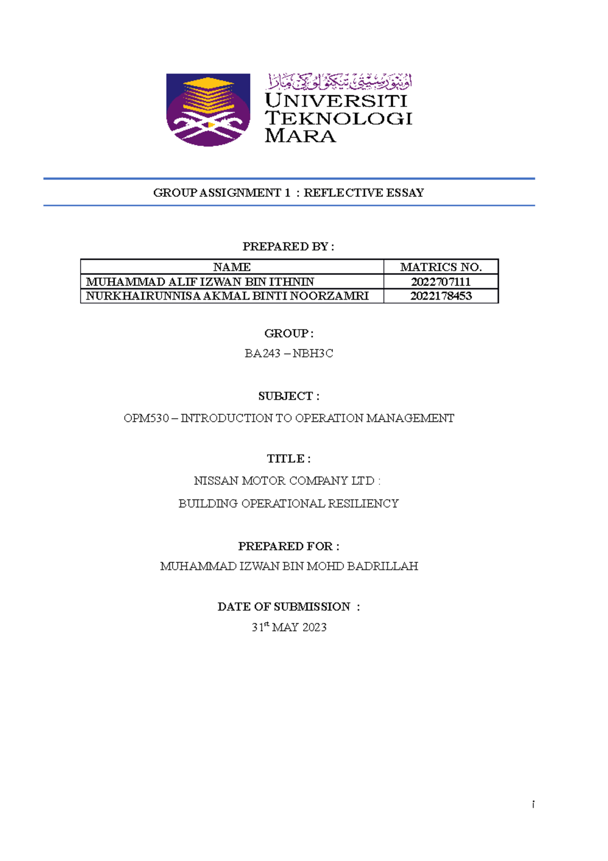 Group Assignment 1 (OPM) - Article Review - GROUP ASSIGNMENT 1 : REFLECTIVE ESSAY PREPARED BY ...