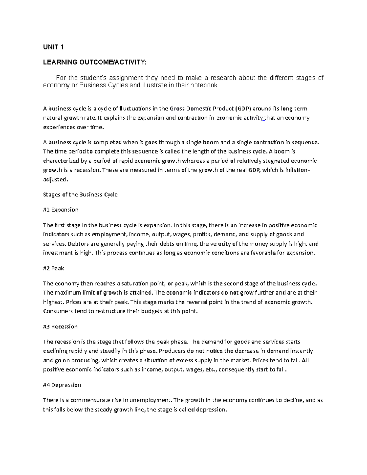 Economic Development - UNIT 1 LEARNING OUTCOME/ACTIVITY: For the ...