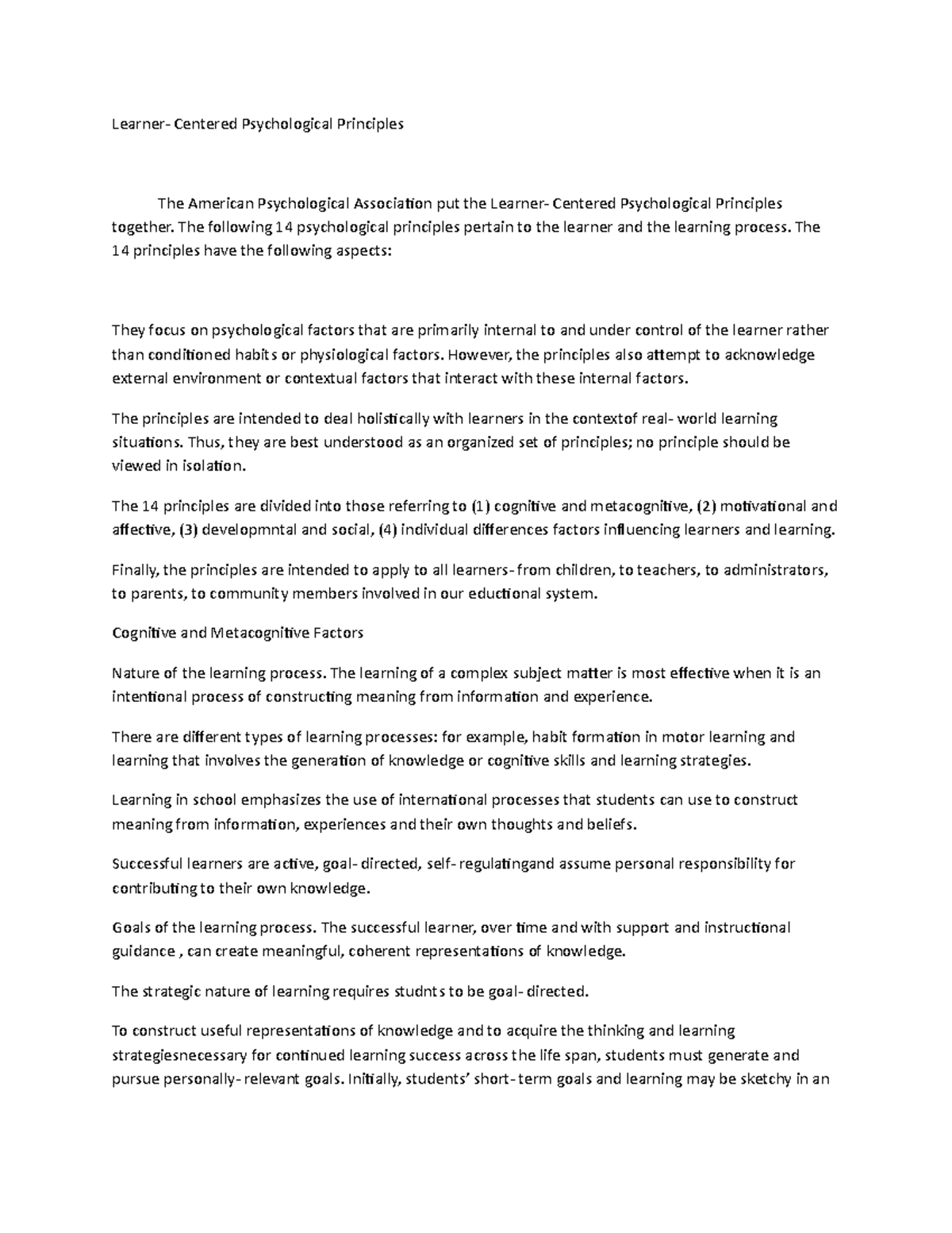 Learner-Centered psychological principles - Learner- Centered ...