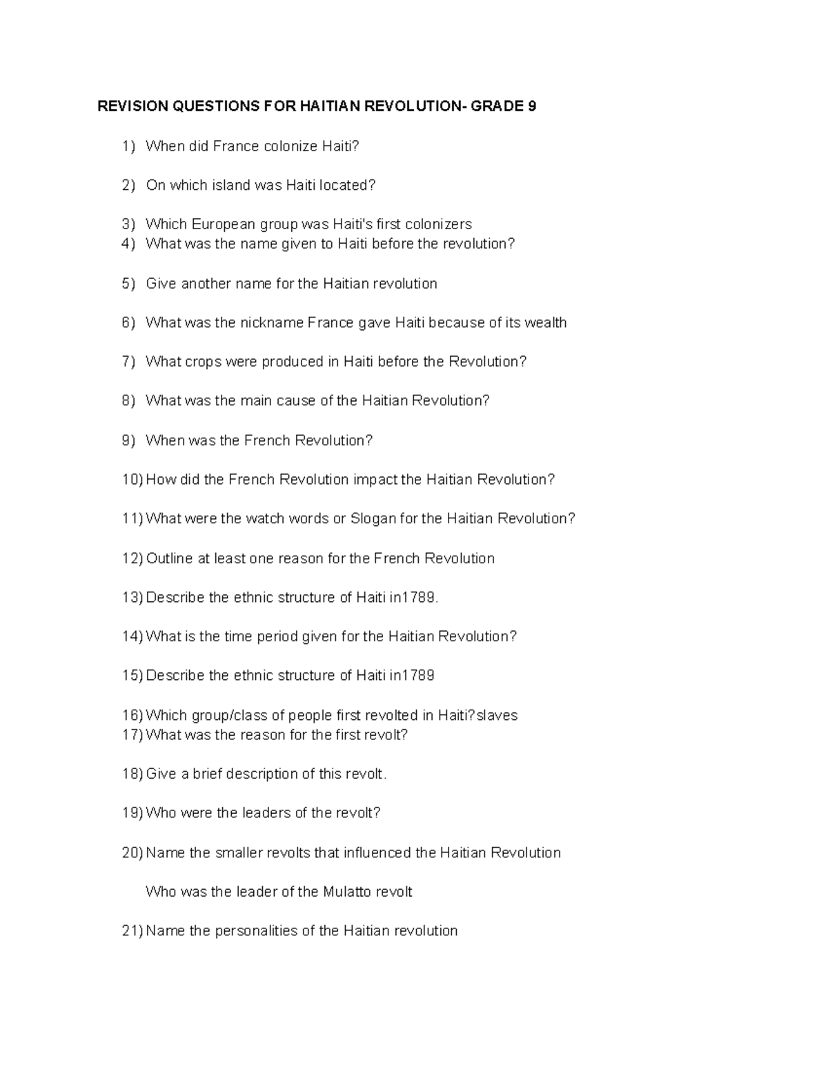Revision Questions FOR Haitian Revolution- Grade 9 - REVISION QUESTIONS ...