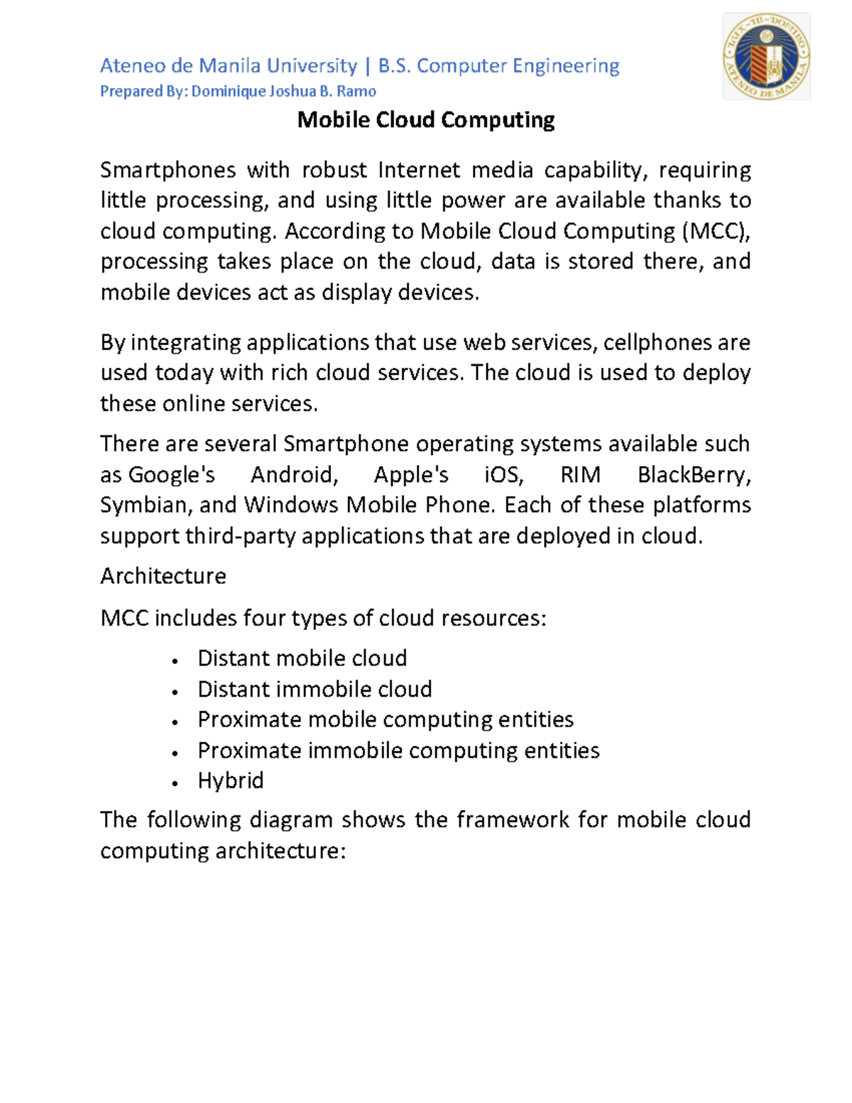 Study Guide - Mobile Cloud Computing - Prepared By: Dominique Joshua B. Ramo Mobile Cloud ...