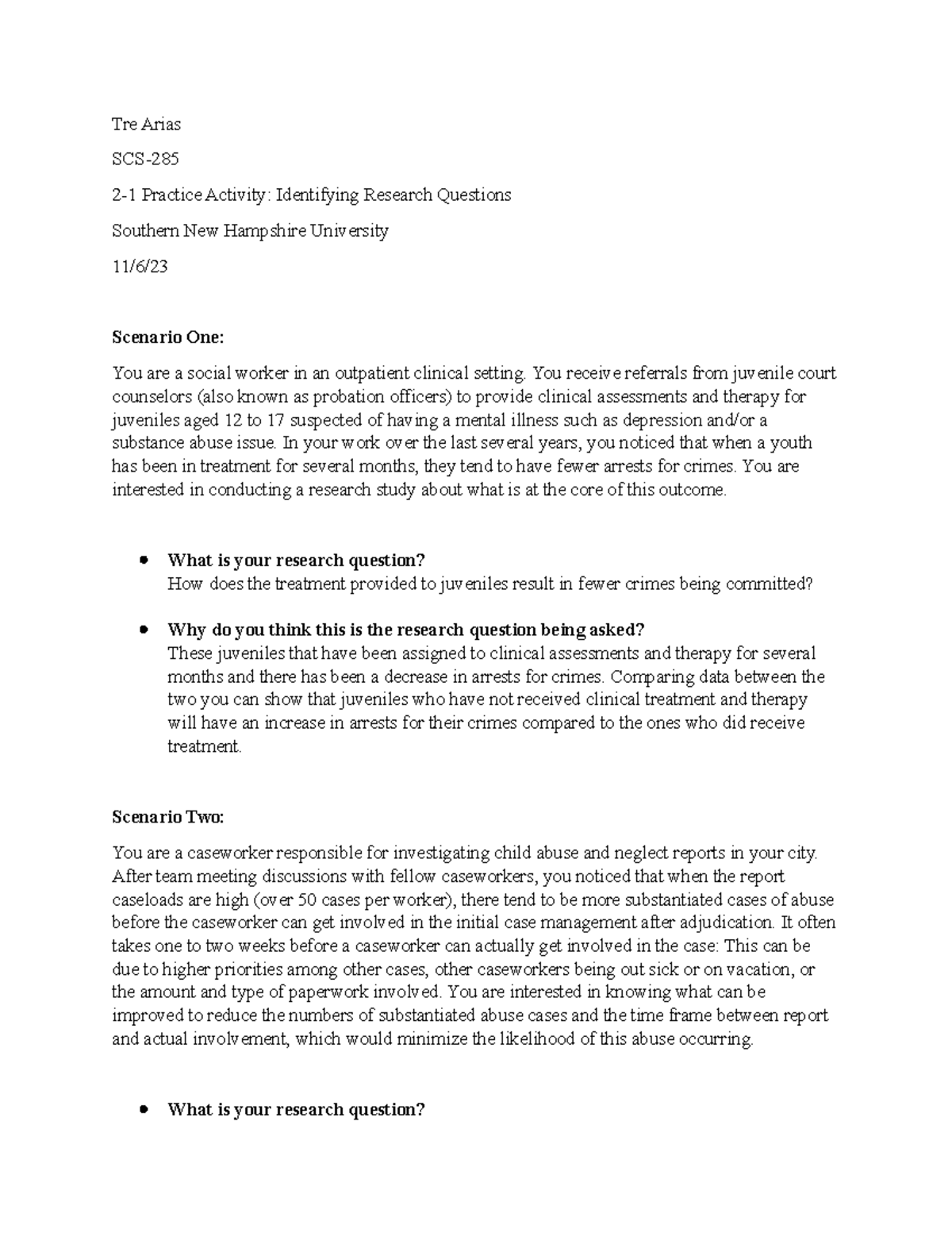 SCS-285 2-1 Practice Activity Identifying Research Questions - Tre ...