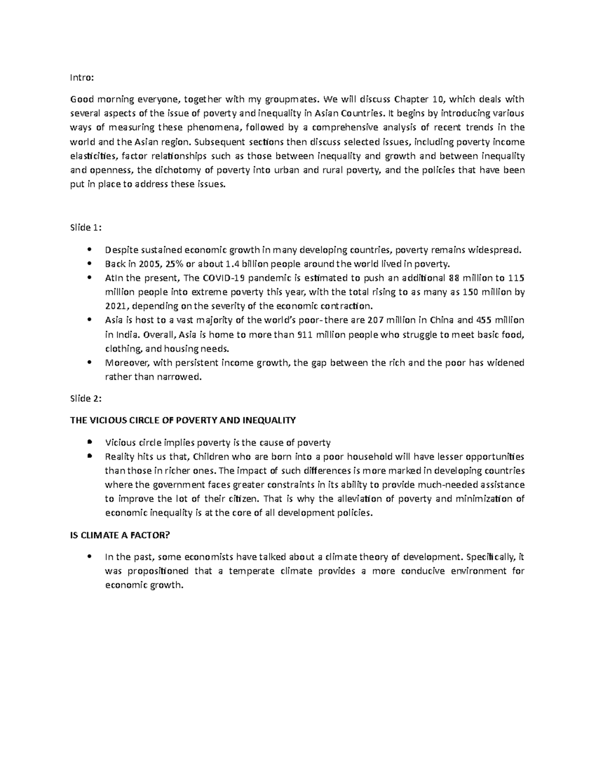 Economic Development script for reporting - Intro: Good morning ...