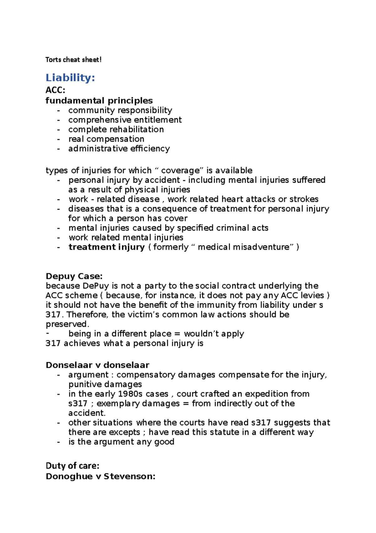 first semester Torts cheat sheet - Torts cheat sheet! Liability: ACC ...