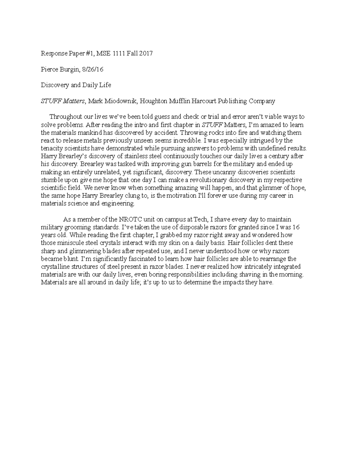 Response Paper 1 Intro to MSE 8 - Response Paper #1, MSE 1111 Fall 2017 ...