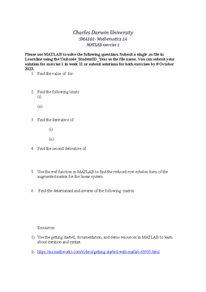 SMA101 Tutorial 7 solutions - Charles Darwin University SMA 101 − Mathematics 1A Tutorial 7 ...
