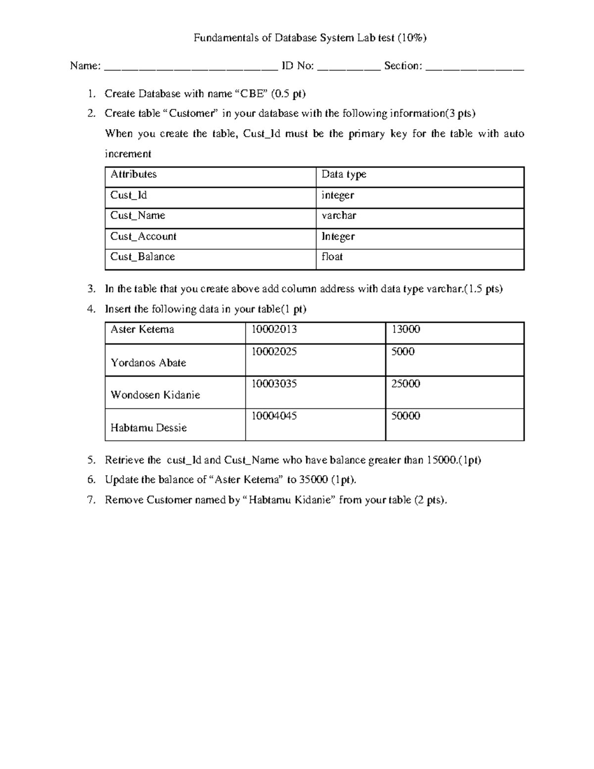 Db Lab Test This Is An Assignment Fundamentals Of Database System