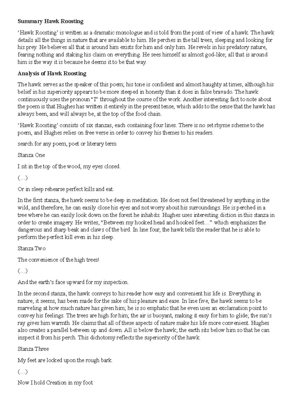 Modern age 2 notes - Summary Hawk Roosting ‘Hawk Roosting’ is written ...