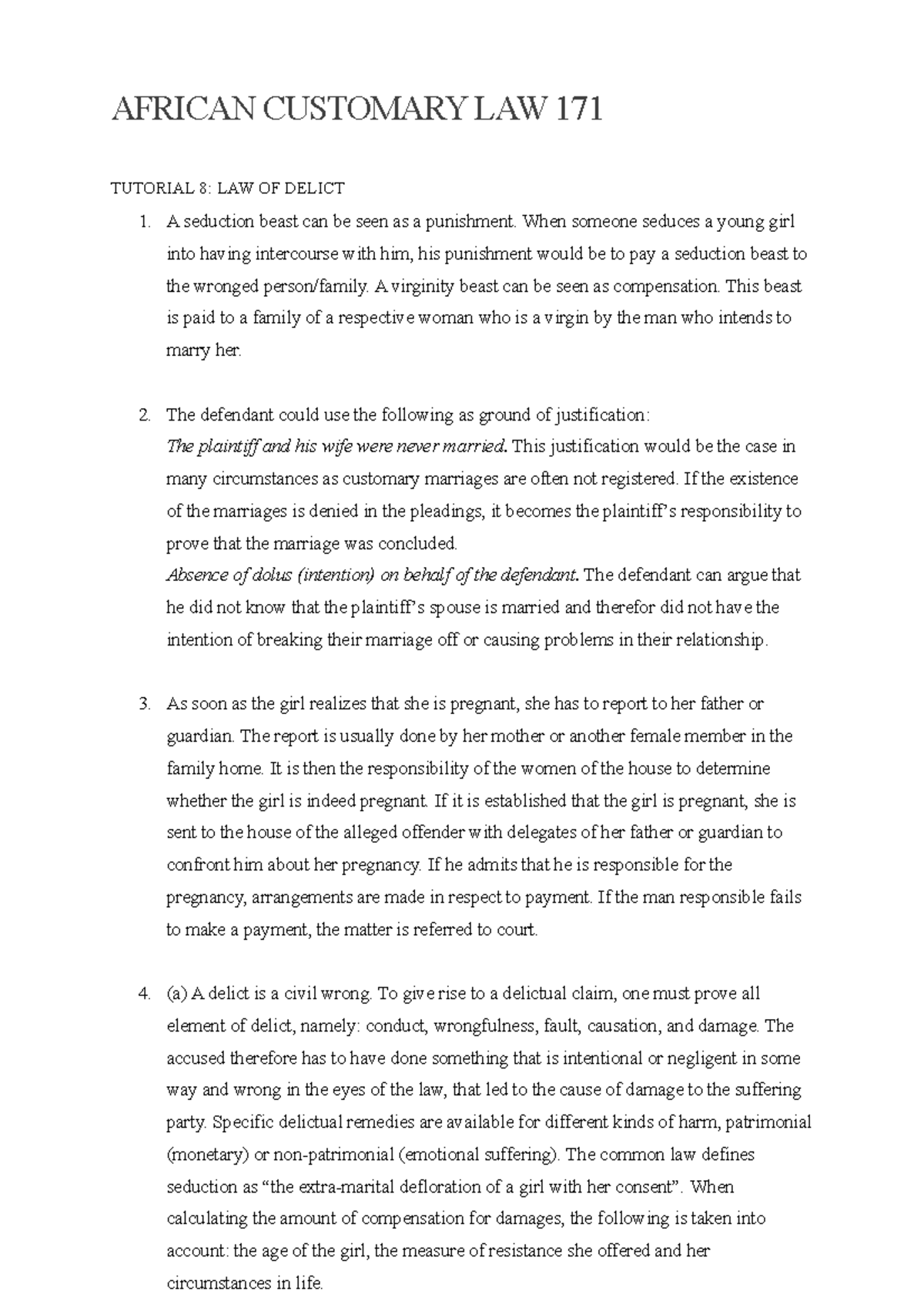 African customary law 171 TUT 8 - AFRICAN CUSTOMARY LAW 171 TUTORIAL 8 ...