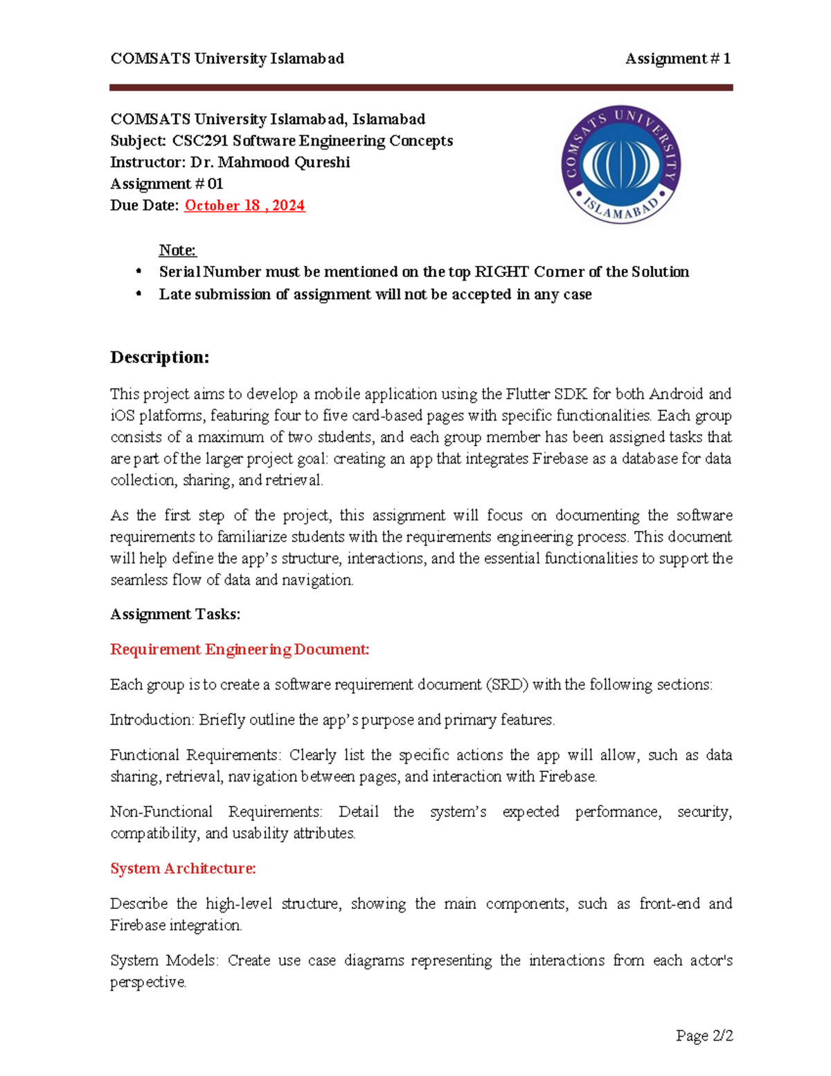 01 Assig SEC - Gives info about developing an app - COMSATS University Islamabad Assignment # 1 ...