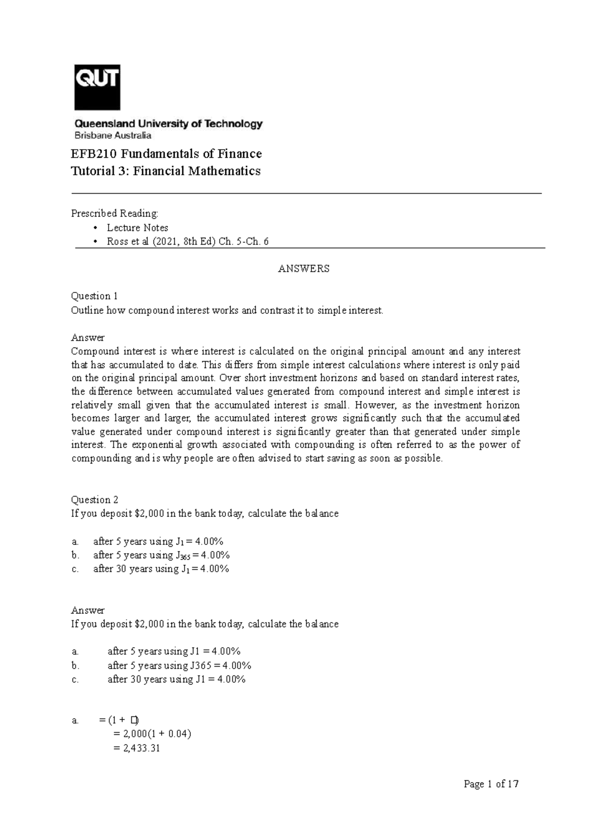 EFB210 Tutorial 3 Solutions - EFB210 Fundamentals of Finance Tutorial 3 ...