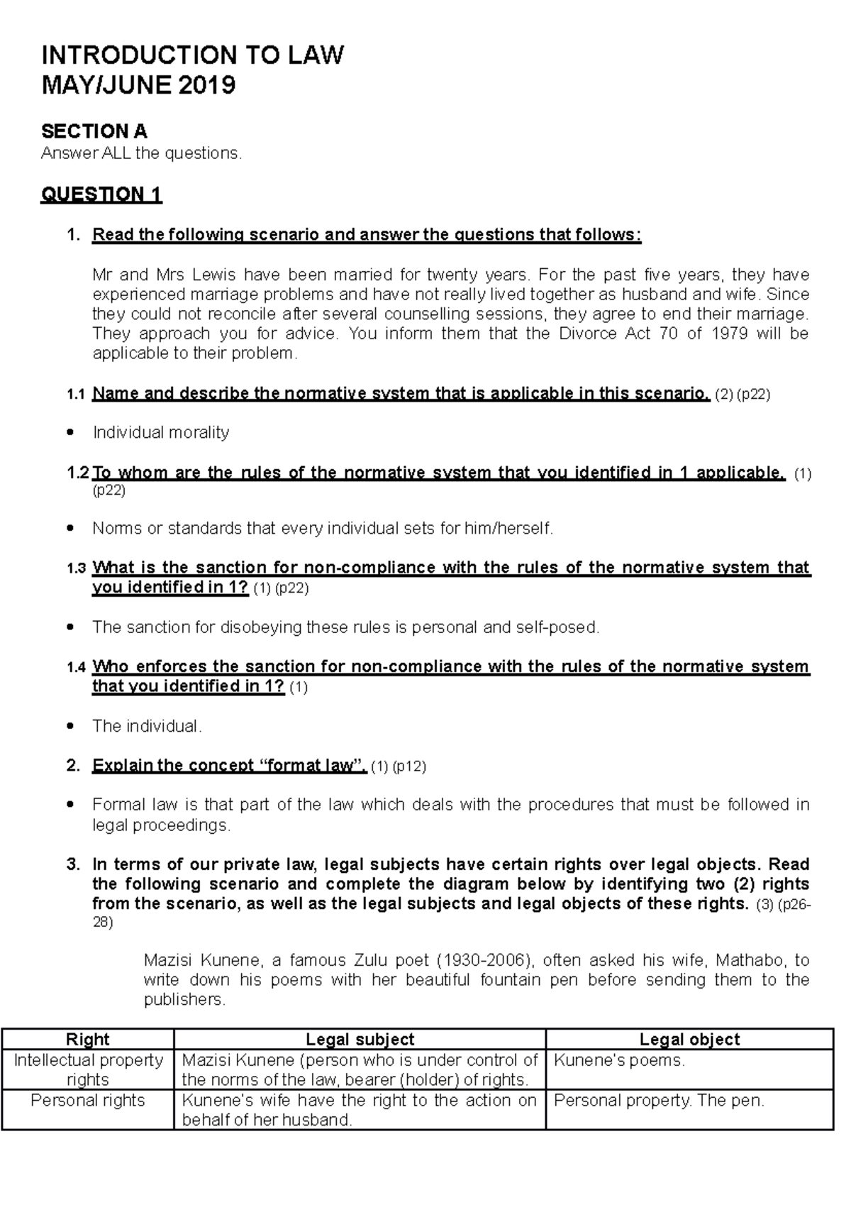ILW1501 Notes 6 - INTRODUCTION TO LAW MAY/JUNE 2019 SECTION A Answer ...