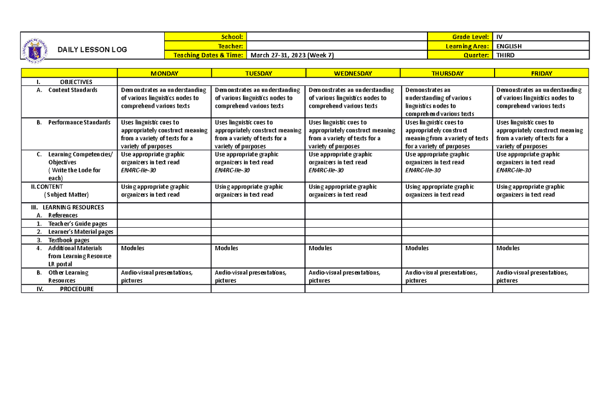 DLL English-4 Q3 W7 Graphic Organizers 2 - DAILY LESSON LOG School ...
