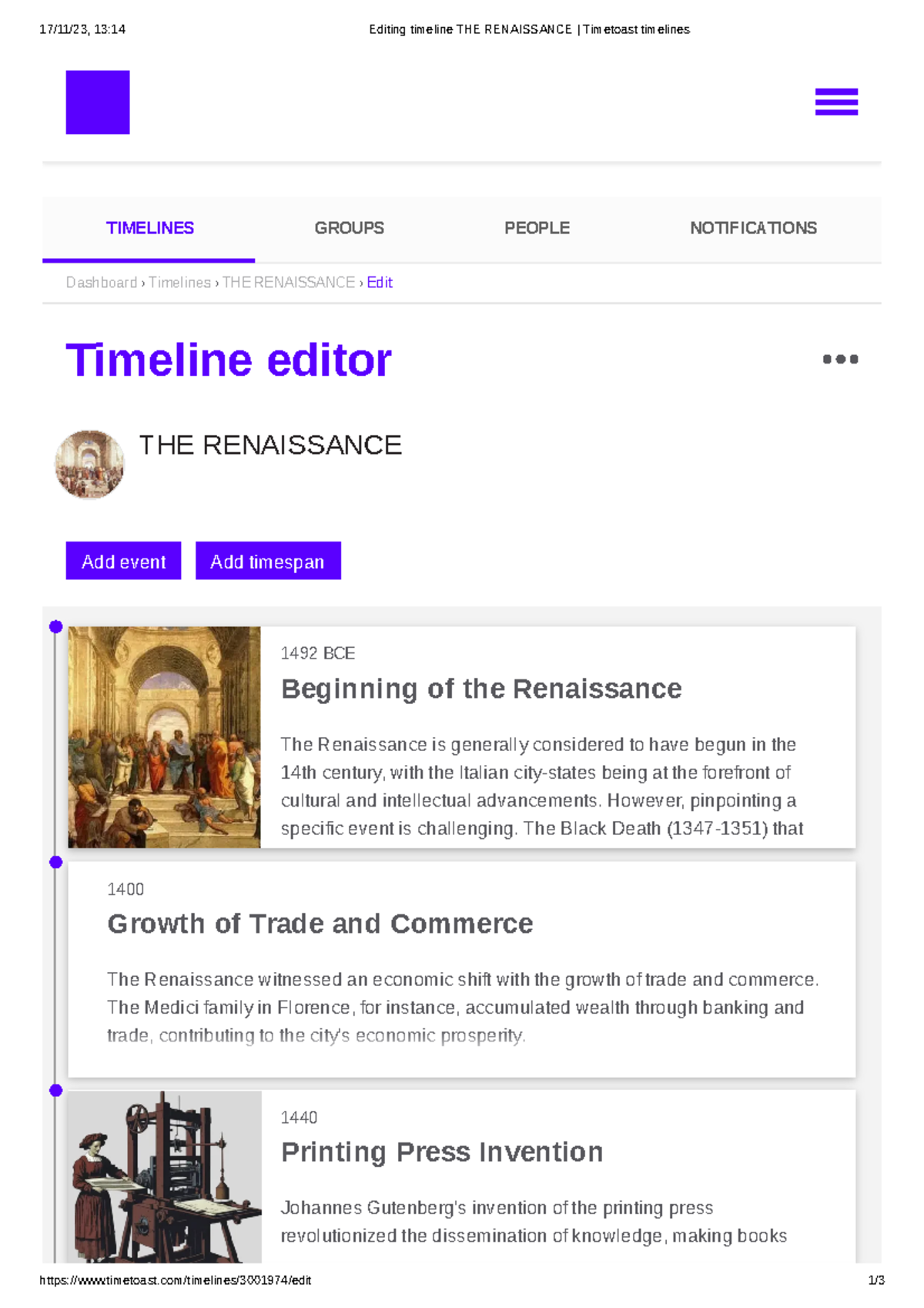 Editing timeline THE Renaissance Timetoast timelines - 17/11/23, 13:14 ...