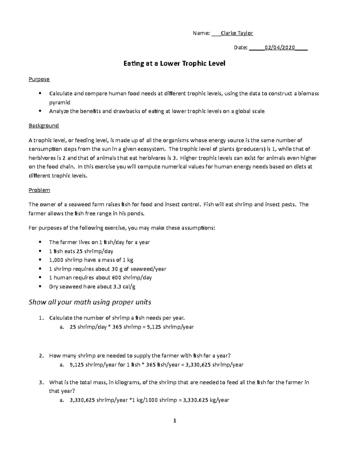 Eating at a Lower Trophic Level - Name: ___Clarke Taylor Date: _02/04 ...