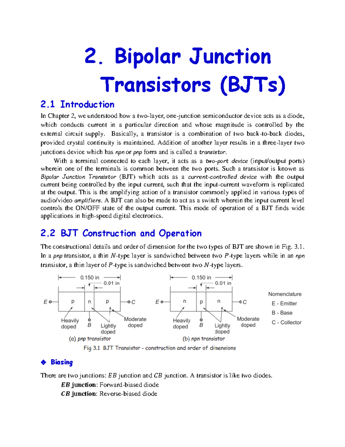 Lecture 3 BJTs 1of2 - 2. Bipolar Junction Transistors (BJTs) 2 ...