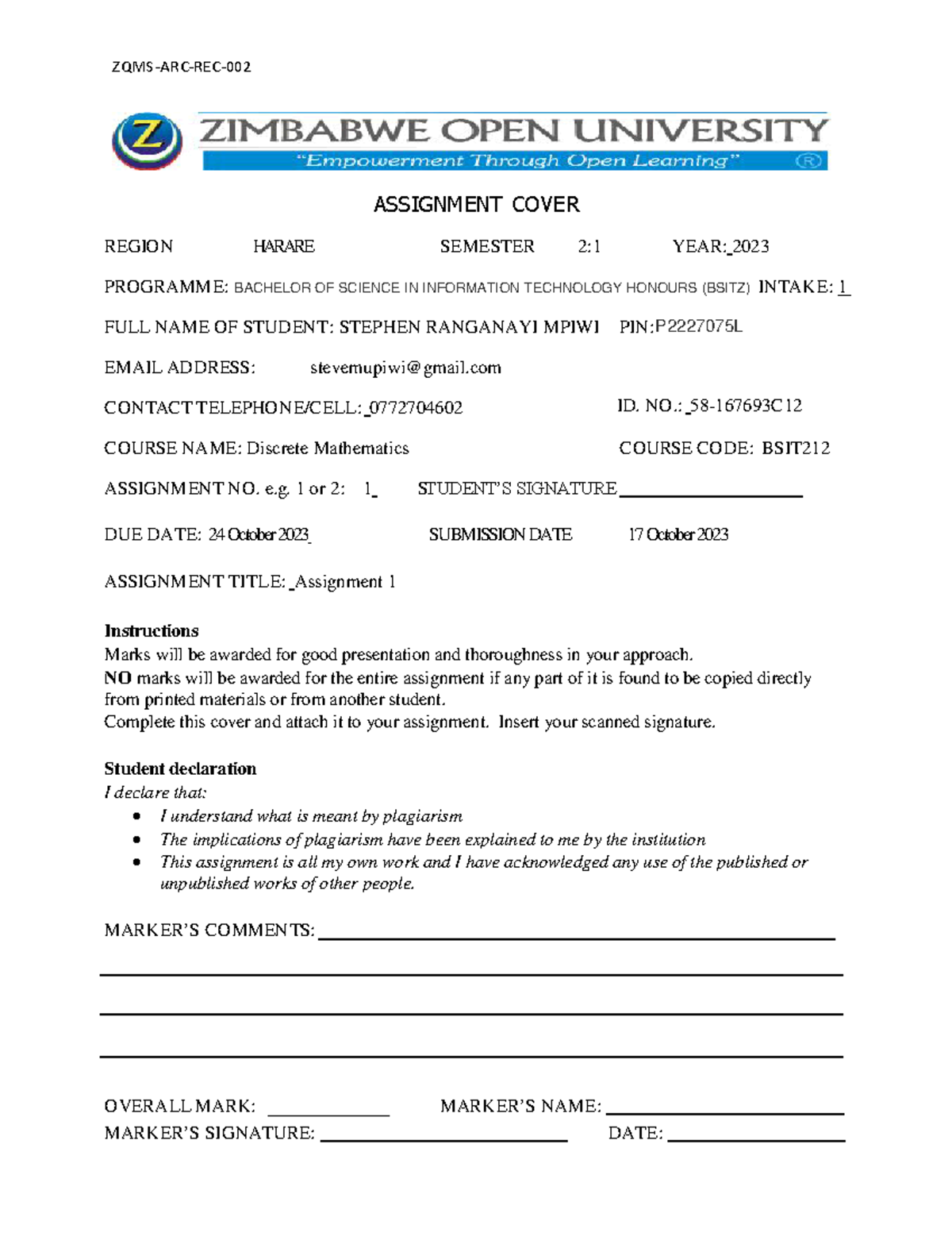 BSIT212 Ass1 Stephen R Mpiwi P2227075 L - ZQMS-ARC-REC- 002 ASSIGNMENT COVER REGION HARARE ...