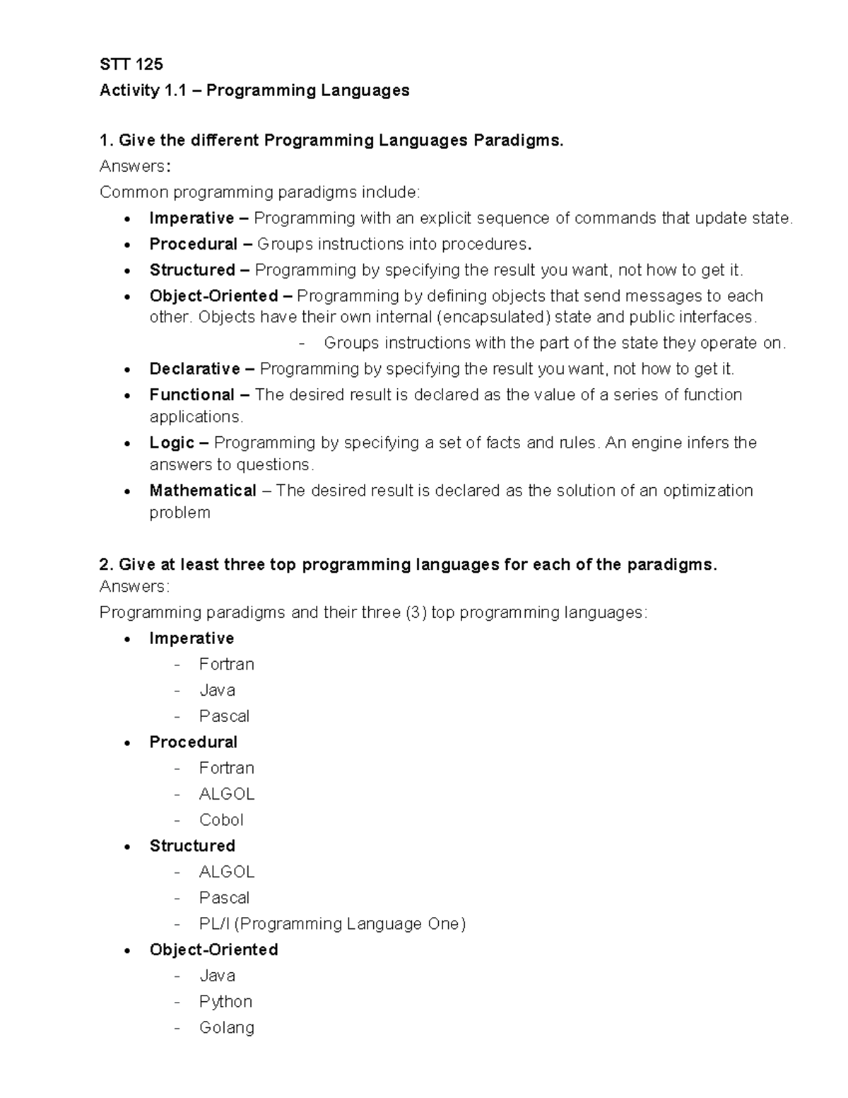 Programming Languages Answers Common Programming Paradigms Include Imperative Programming