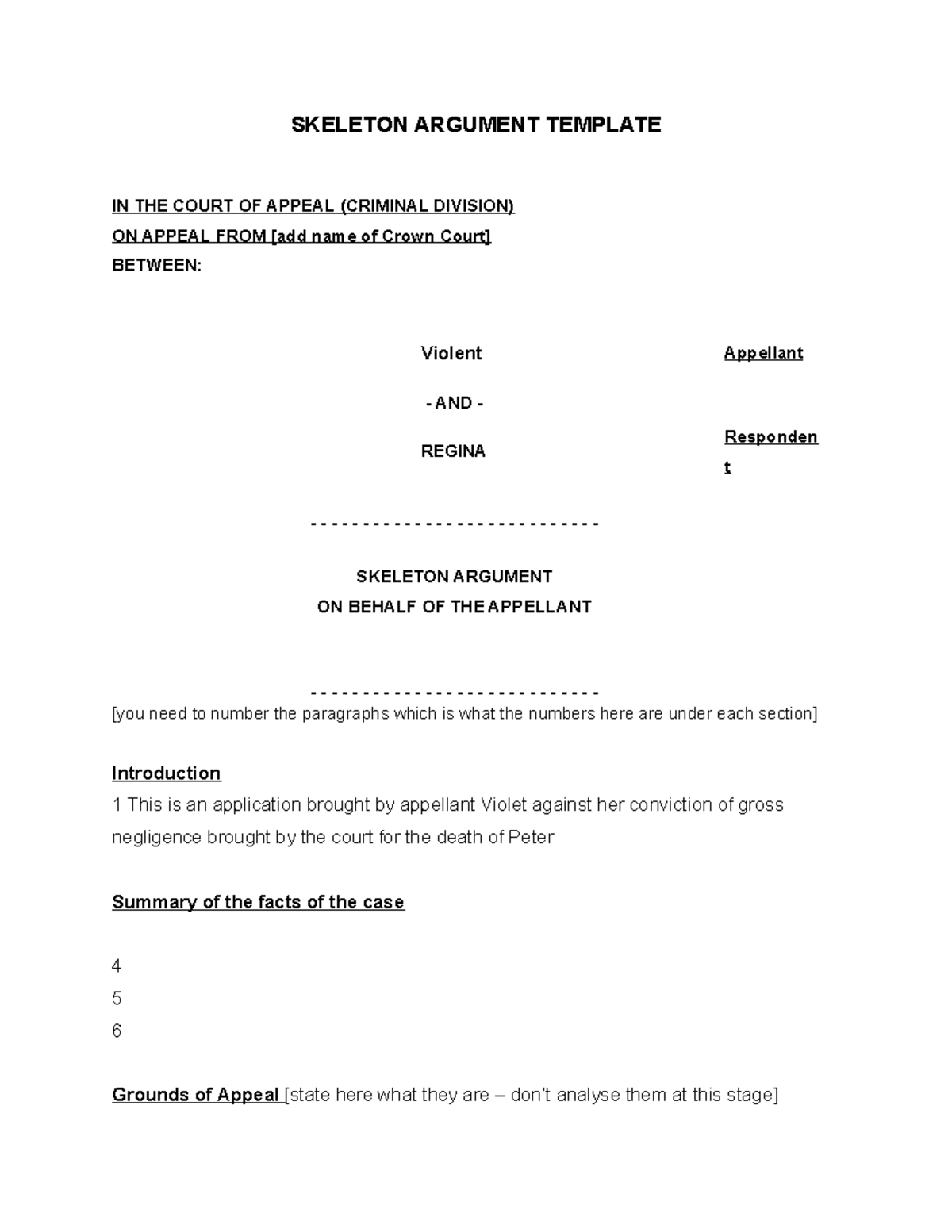 Skeleton Argument GN SKELETON ARGUMENT TEMPLATE IN THE COURT OF