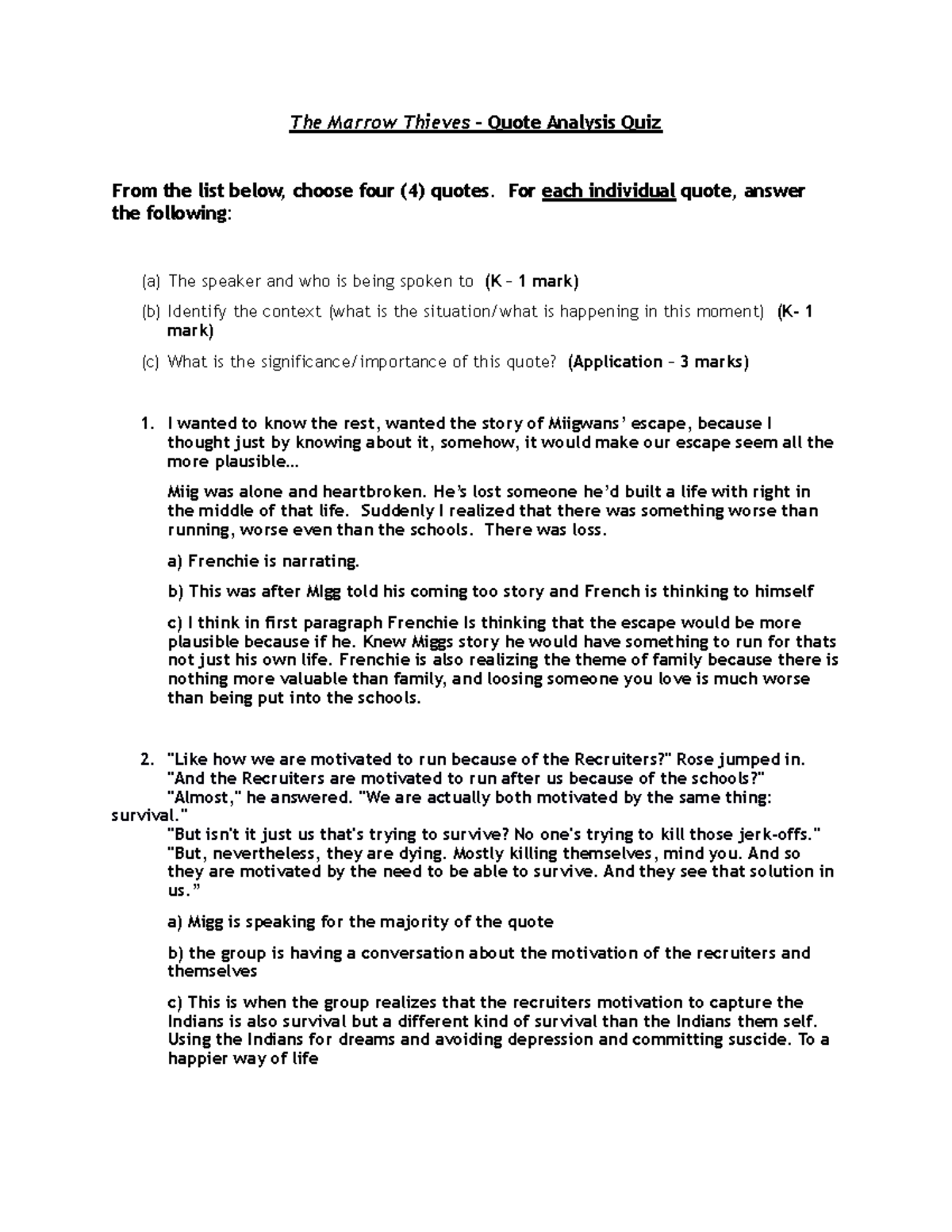 Analysis Quiz - The Marrow Thieves – Quote Analysis Quiz From the list ...