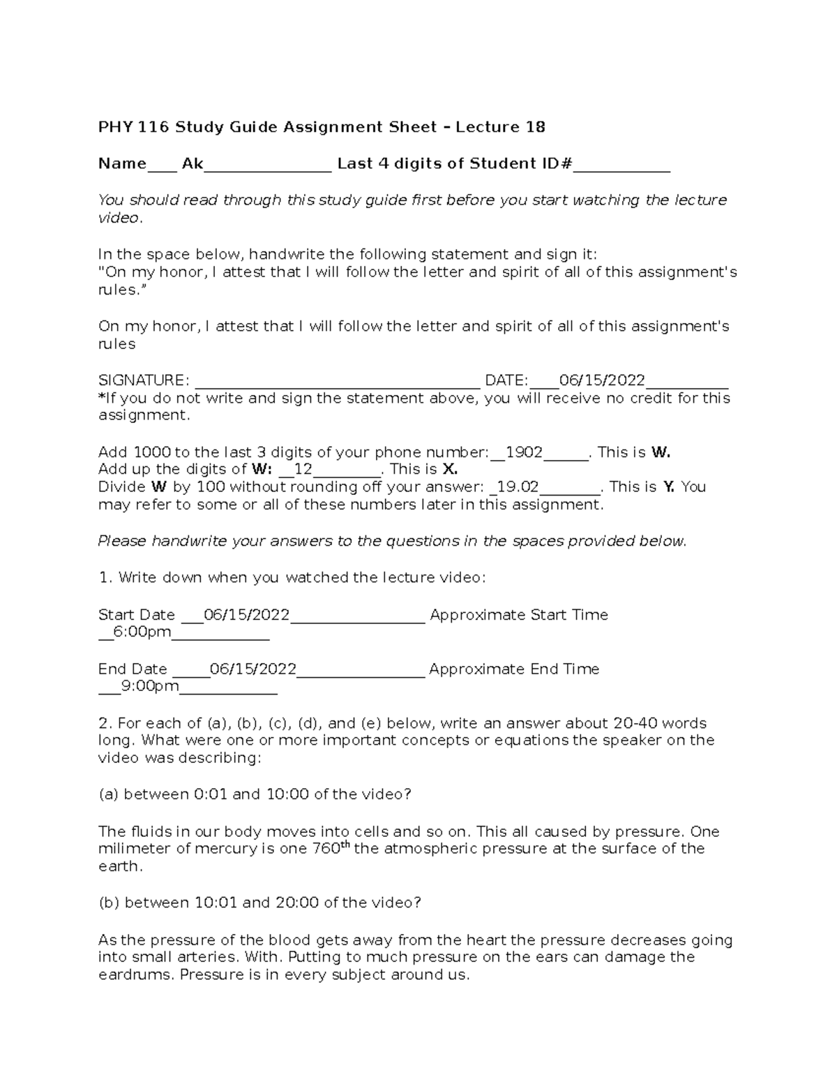 PHY 116 Study Guide 18 - weekly assignments for professor Ahmad - PHY 116 Study Guide Assignment ...